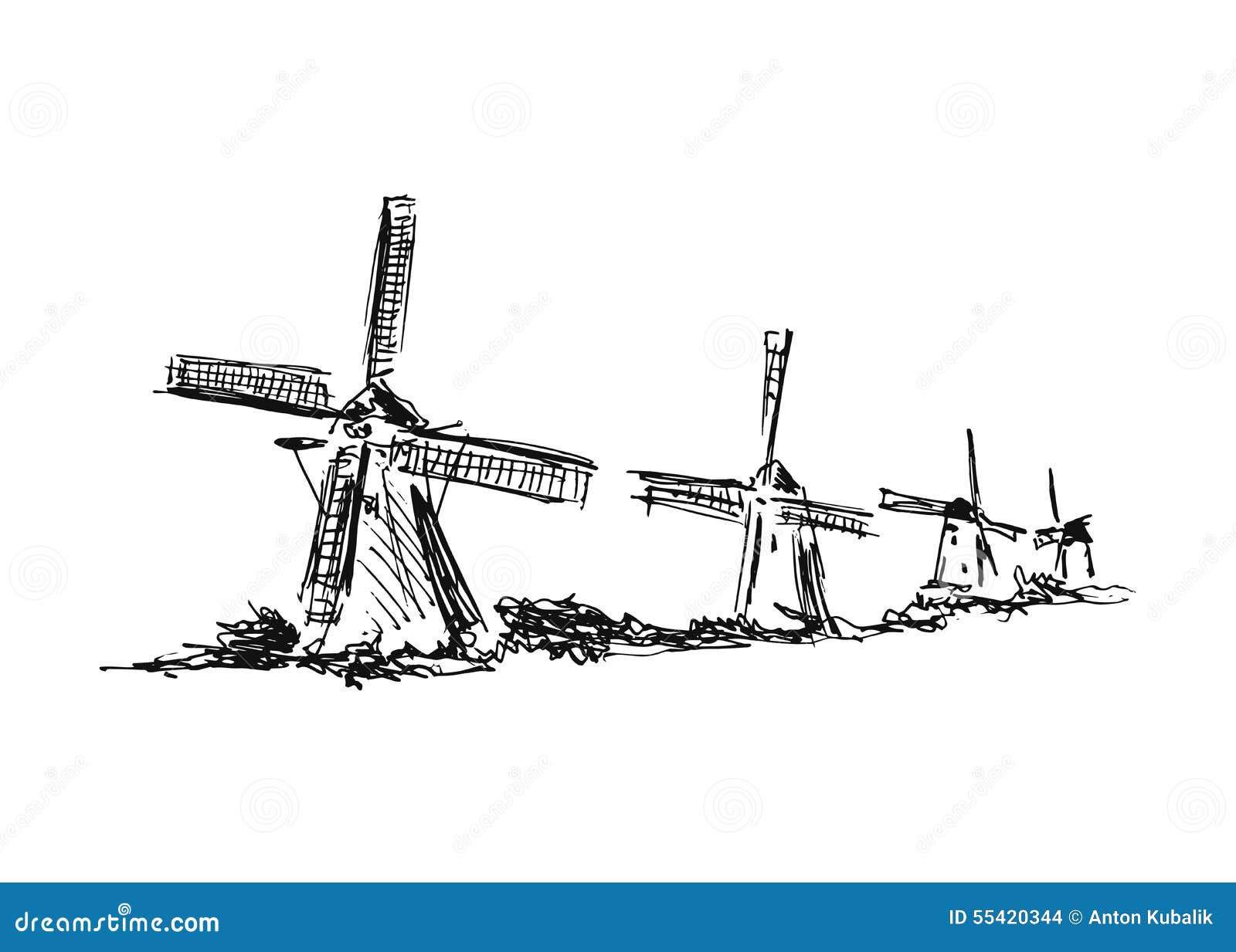 Hand drawing windmills stock vector. Illustration of fields - 55420344