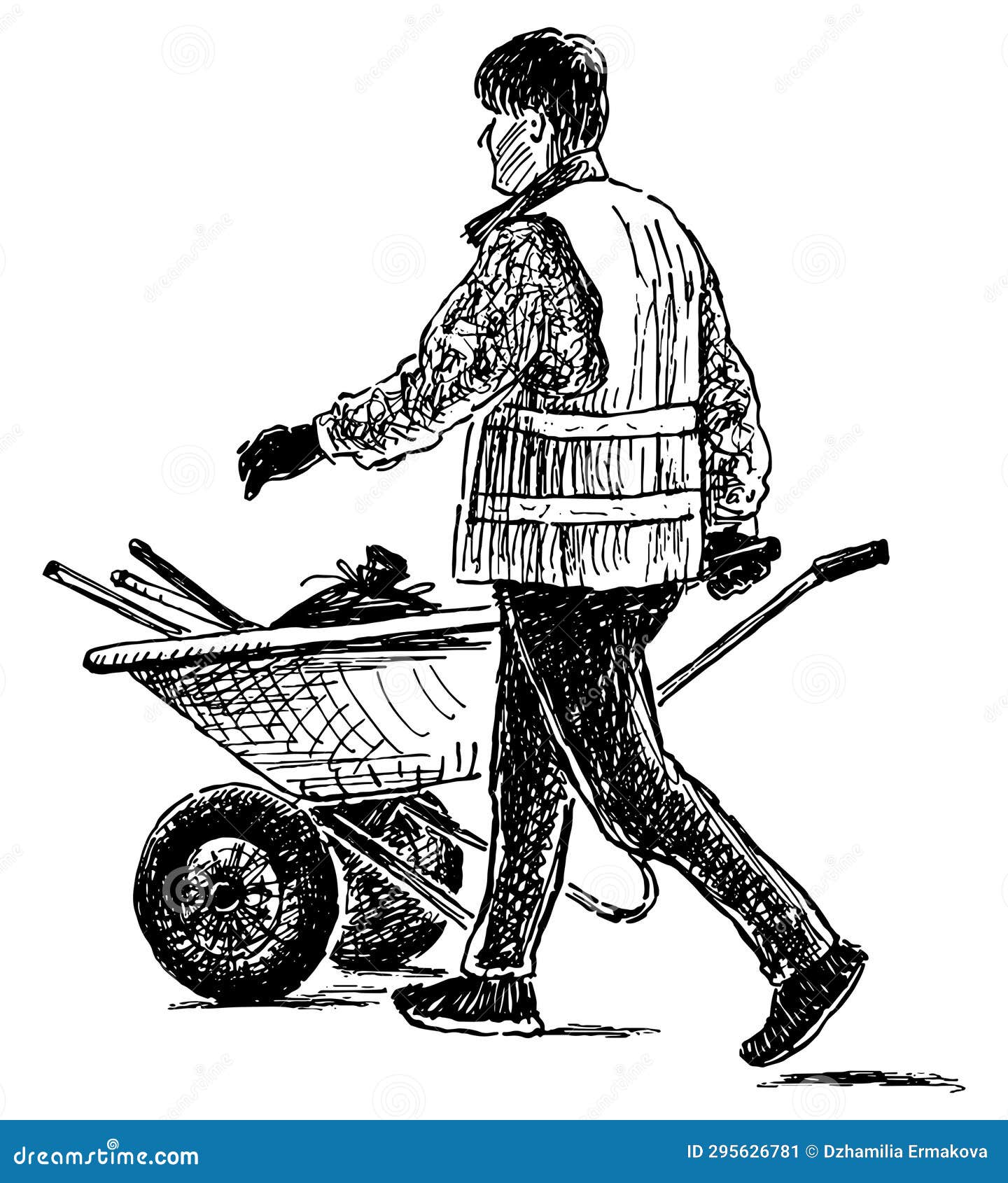 Hand Drawing of Worker with Wheelbarrow Walking Down Street Stock ...