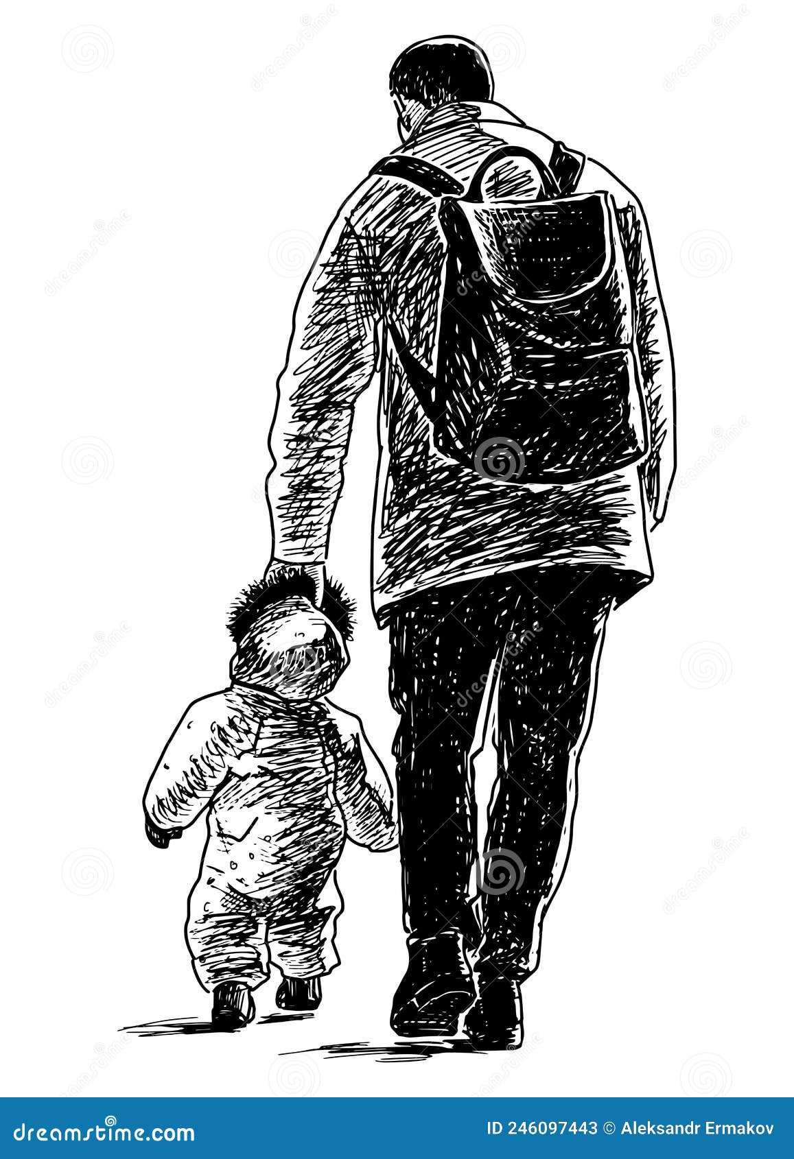 Hand Drawing of Young Father with His Baby Walking Outdoors Stock ...
