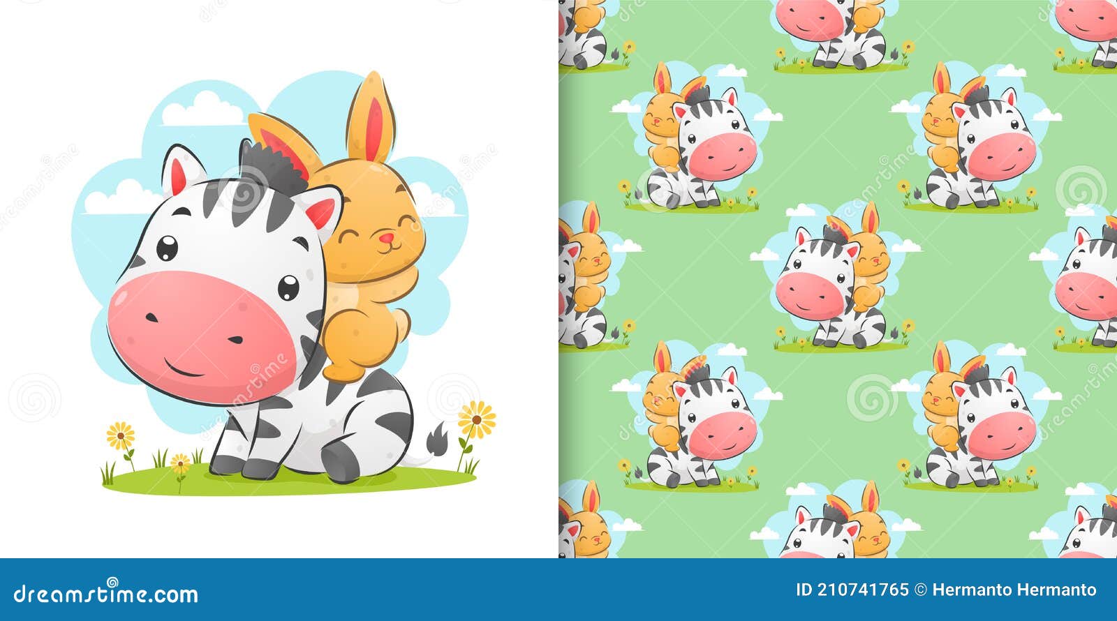 The Hand Drawing of Zebra and the Rabbit Playing in the Garden in the ...