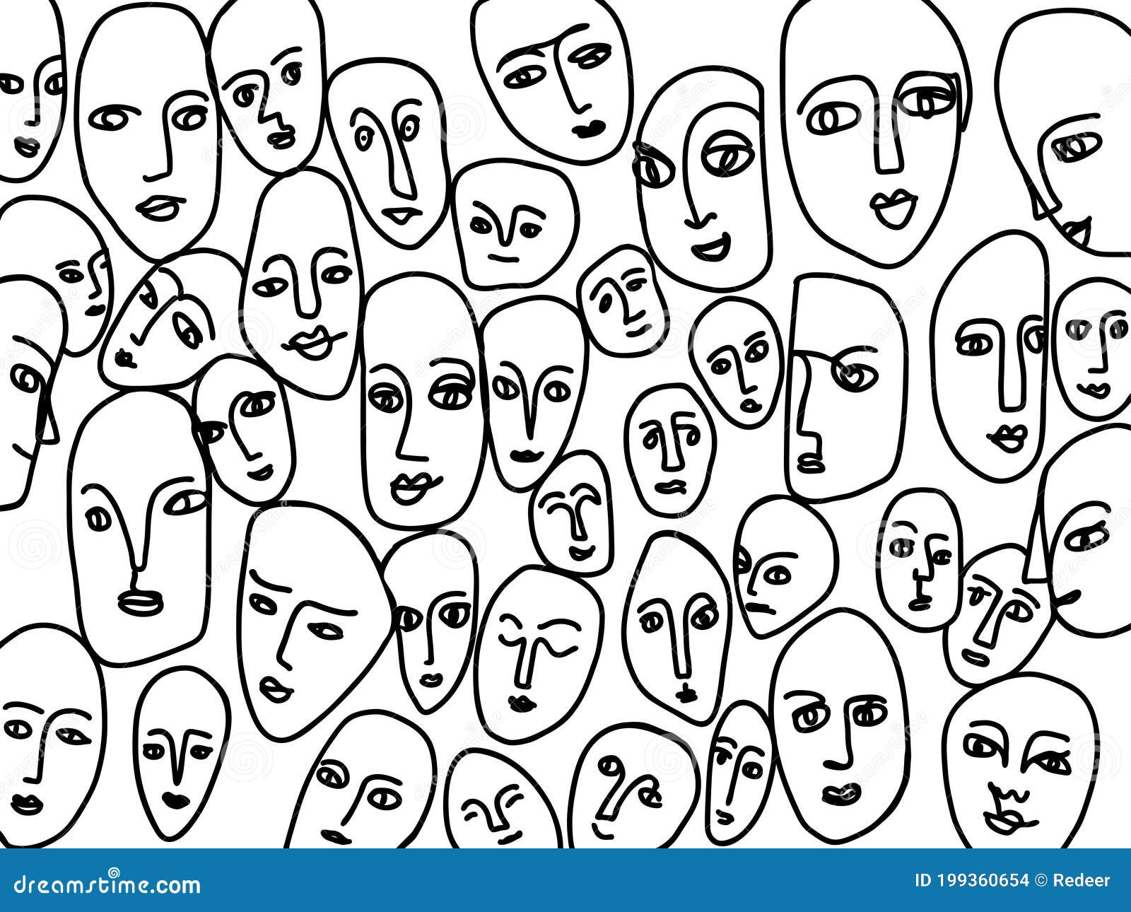 Hand-drawn Abstract Faces. Black Lines Form a Pattern of Human Emotions ...