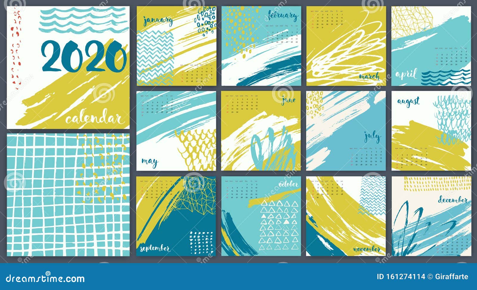 Hand Drawn Abstract Vector 2020 Calendar Template Design. Stock Vector ...