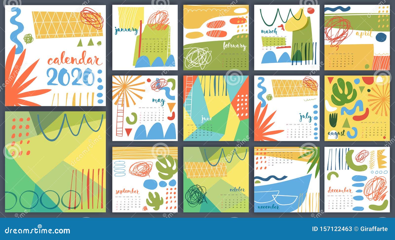 Hand Drawn Abstract Vector 2020 Calendar Template Multicolored. Stock ...