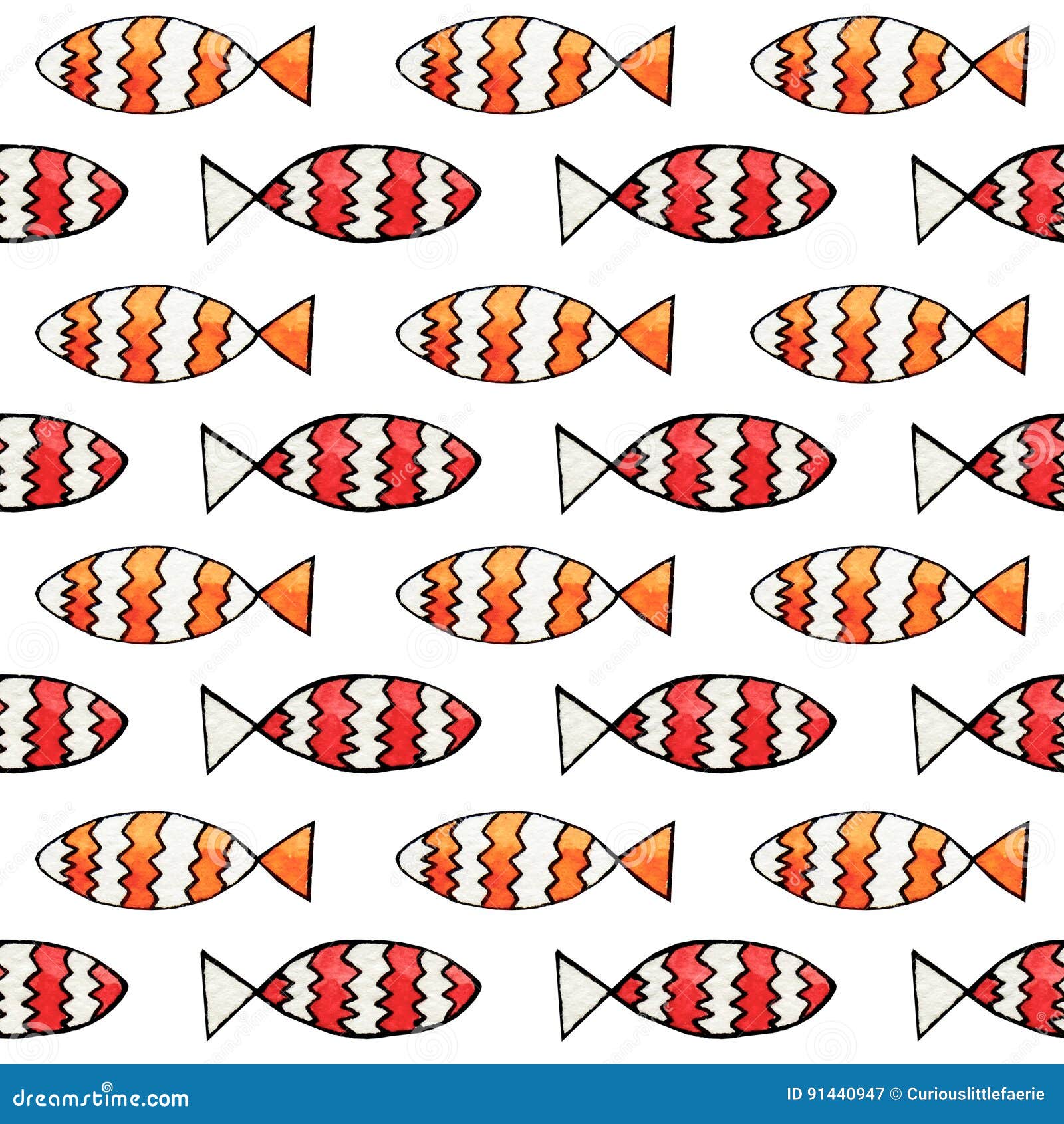 Hand Drawn Abstract Watercolor and Ink Fish Seamless Pattern Stock ...