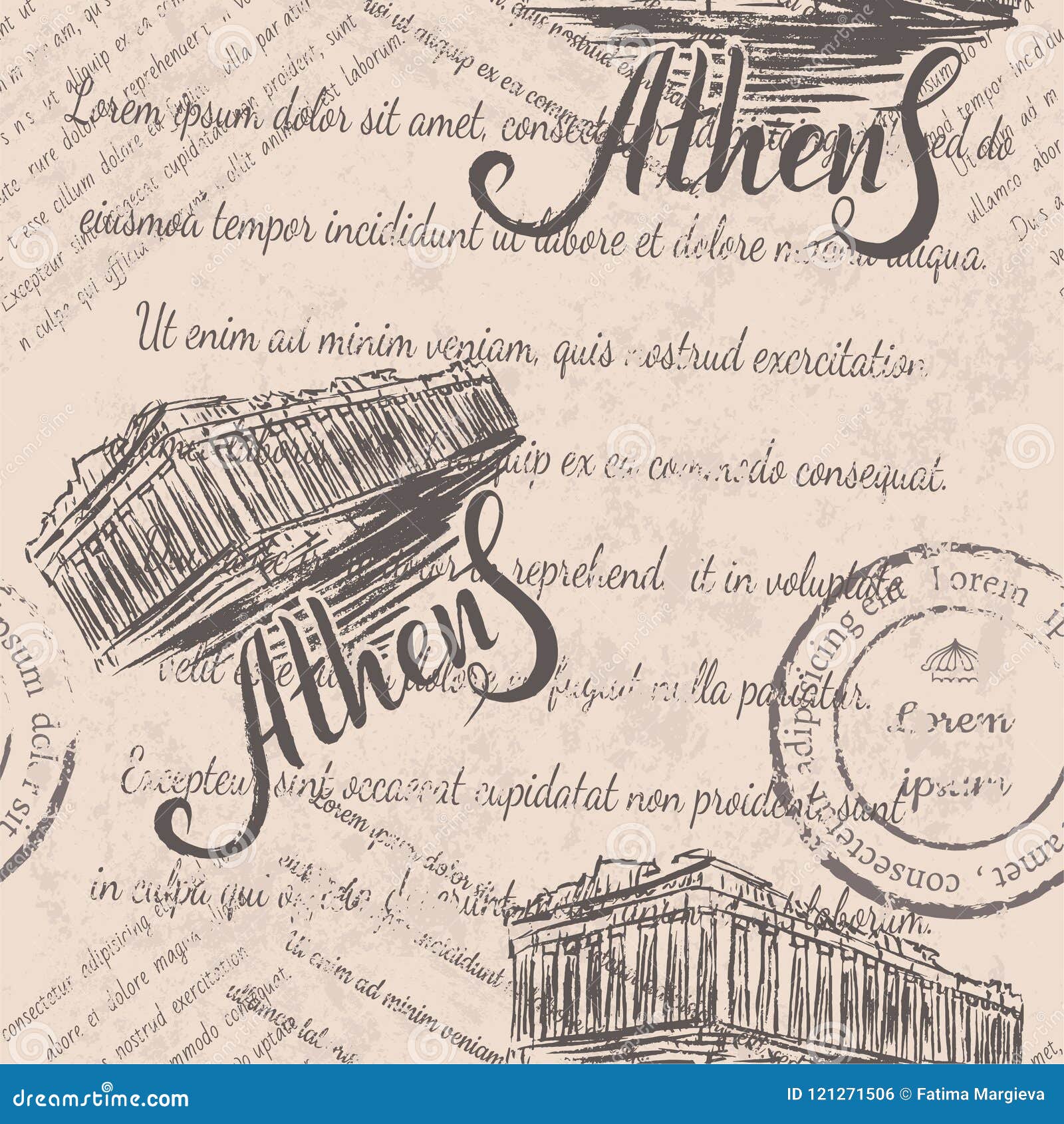 Hand Drawn Acropolis of Athens, Lettering Athens, Faded Text on Beige ... Hand Drawn Acropolis of Athens, Lettering Athens, Faded Text on Beige ...