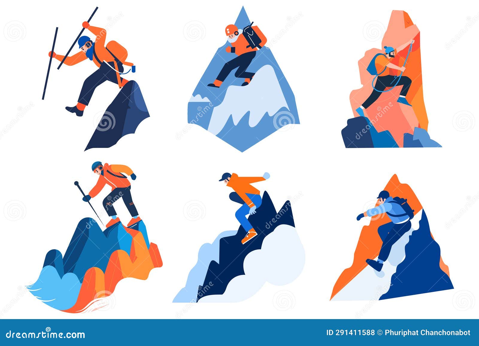 Hand Drawn Adventurous Tourists Climb Mountains in Flat Style Stock ...