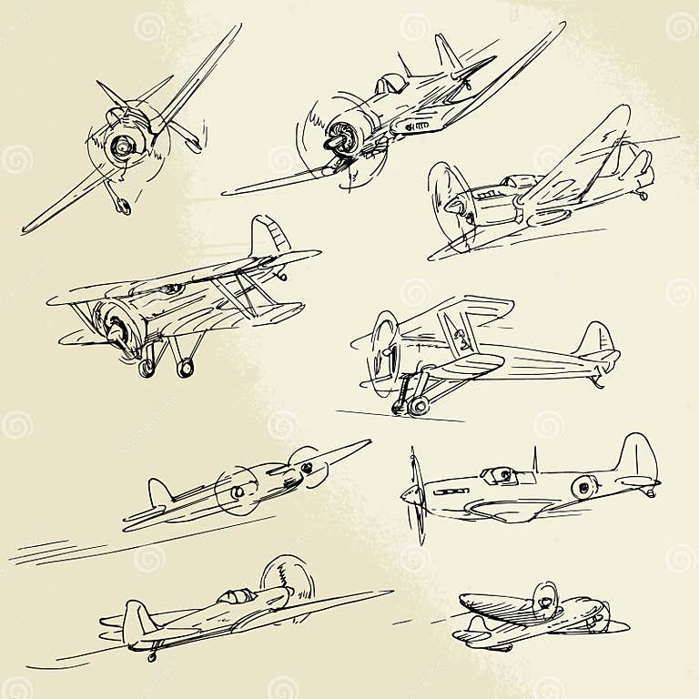 Hand drawn airplanes stock vector. Illustration of historic - 33507514