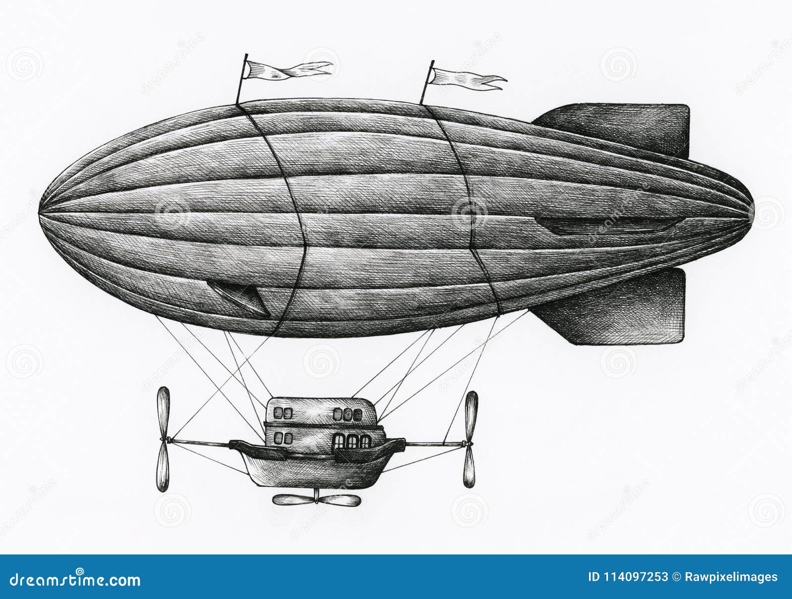 Hand Drawn Airship Retro Style Stock Illustration - Illustration of ...