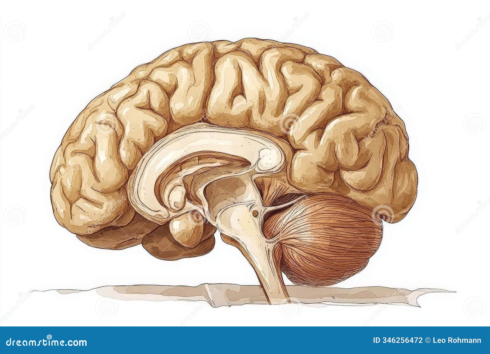 Hand Drawn Anatomical Diagram of a Human Brain with Detailed Structures ...