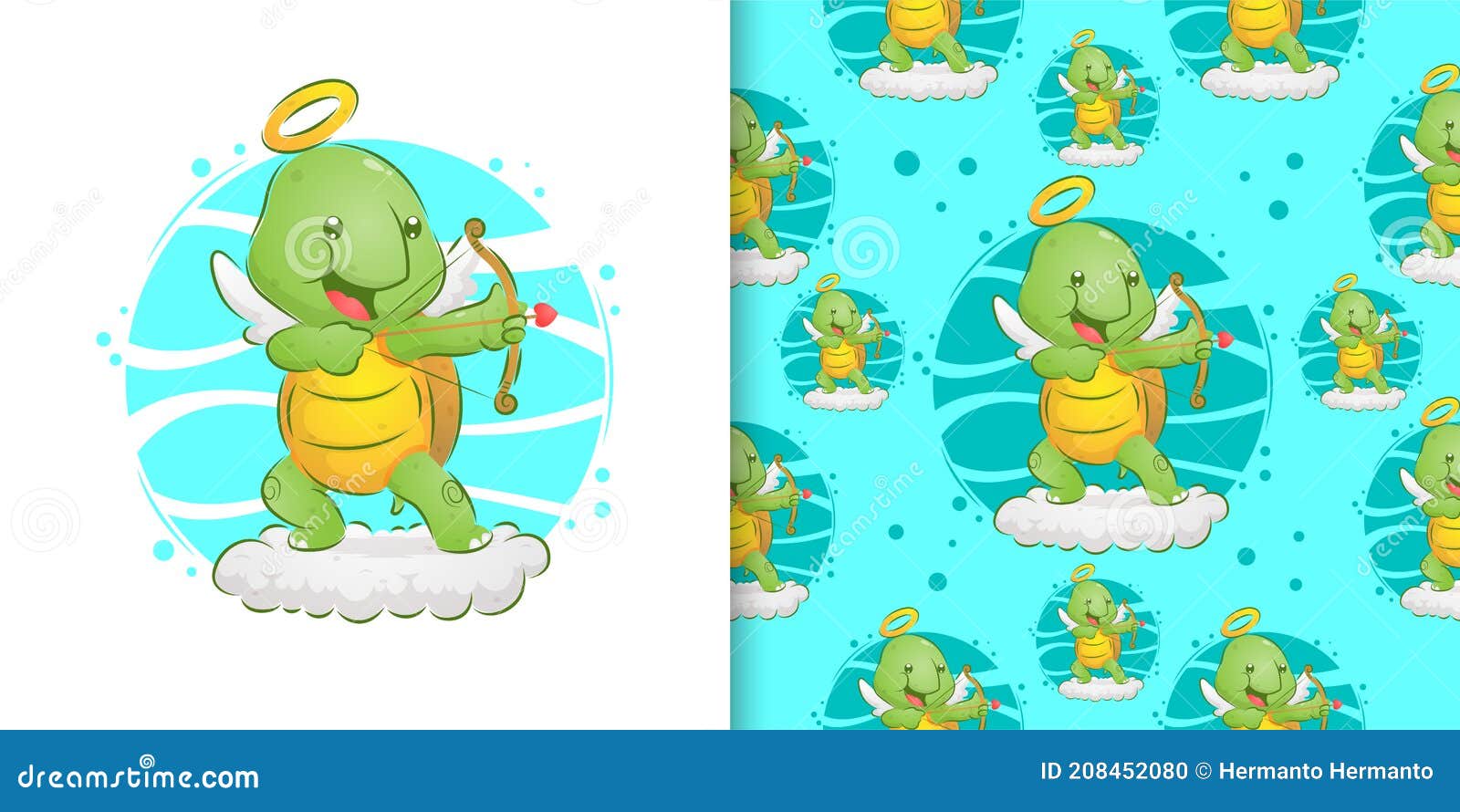 Hand Drawn of the Angel Turtle Holding the Love Arrow on the Cloud in ...