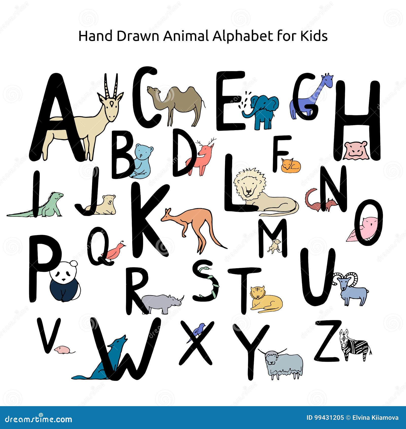 Hand Drawn Animal Alphabet for Kids. Stock Illustration - Illustration ...
