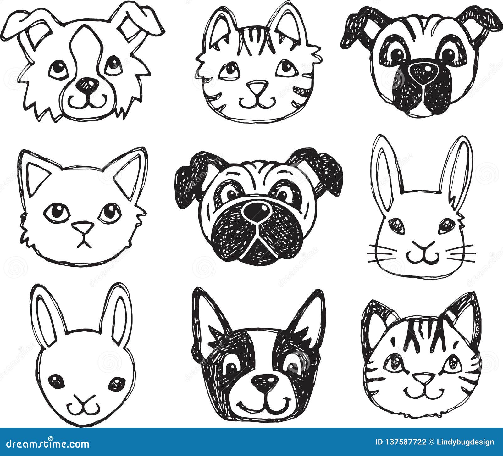 Hand drawn animal faces stock illustration. Illustration of russel ...