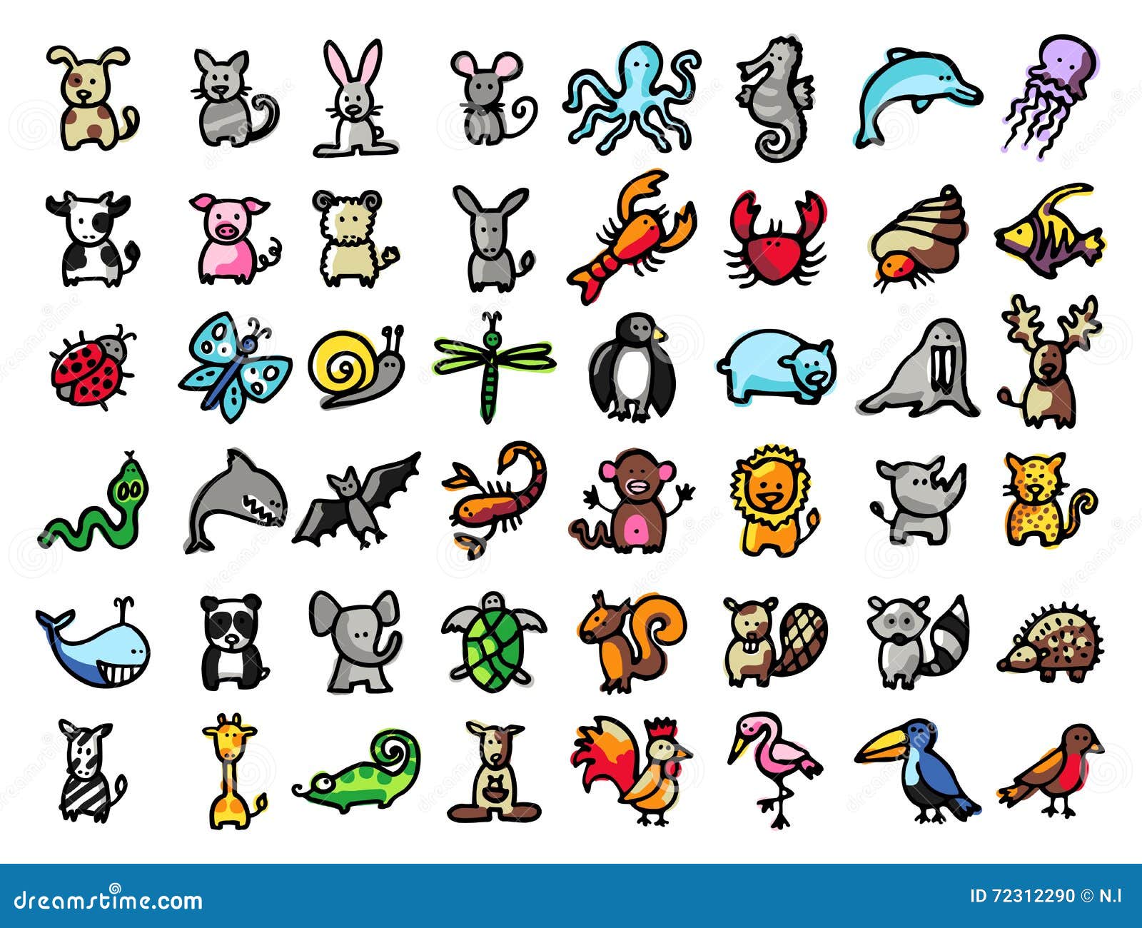 48 Hand Drawn Animals, Black Line and Colors Stock Vector ...
