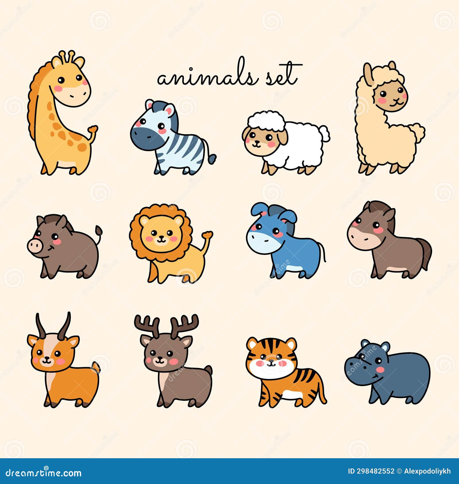 Hand Drawn Animals Color Elements. Cartoon Characters Set Stock Vector ...