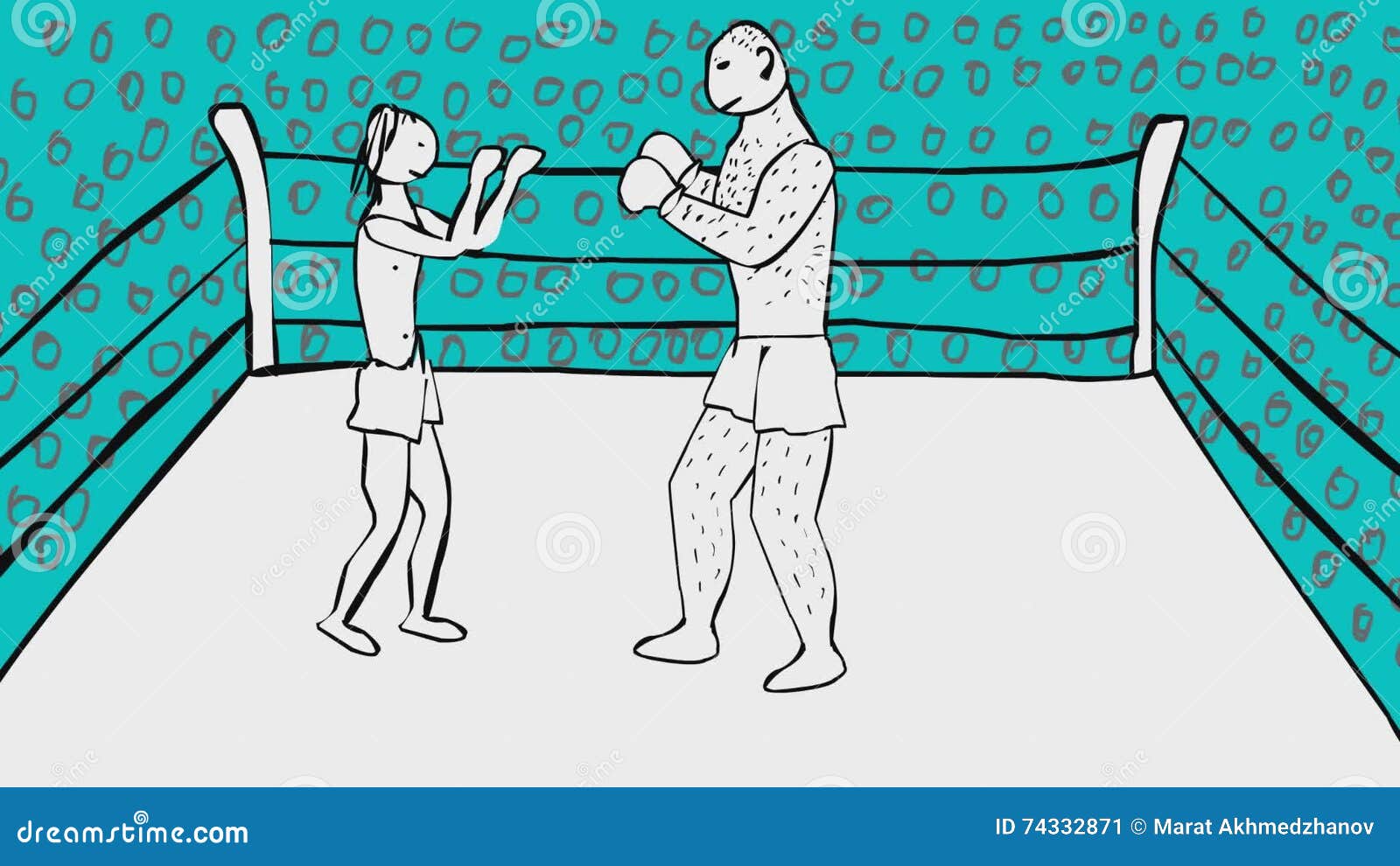 Hand Drawn Animated Boxing Ring with Two Boxers Big One and Smaller ...