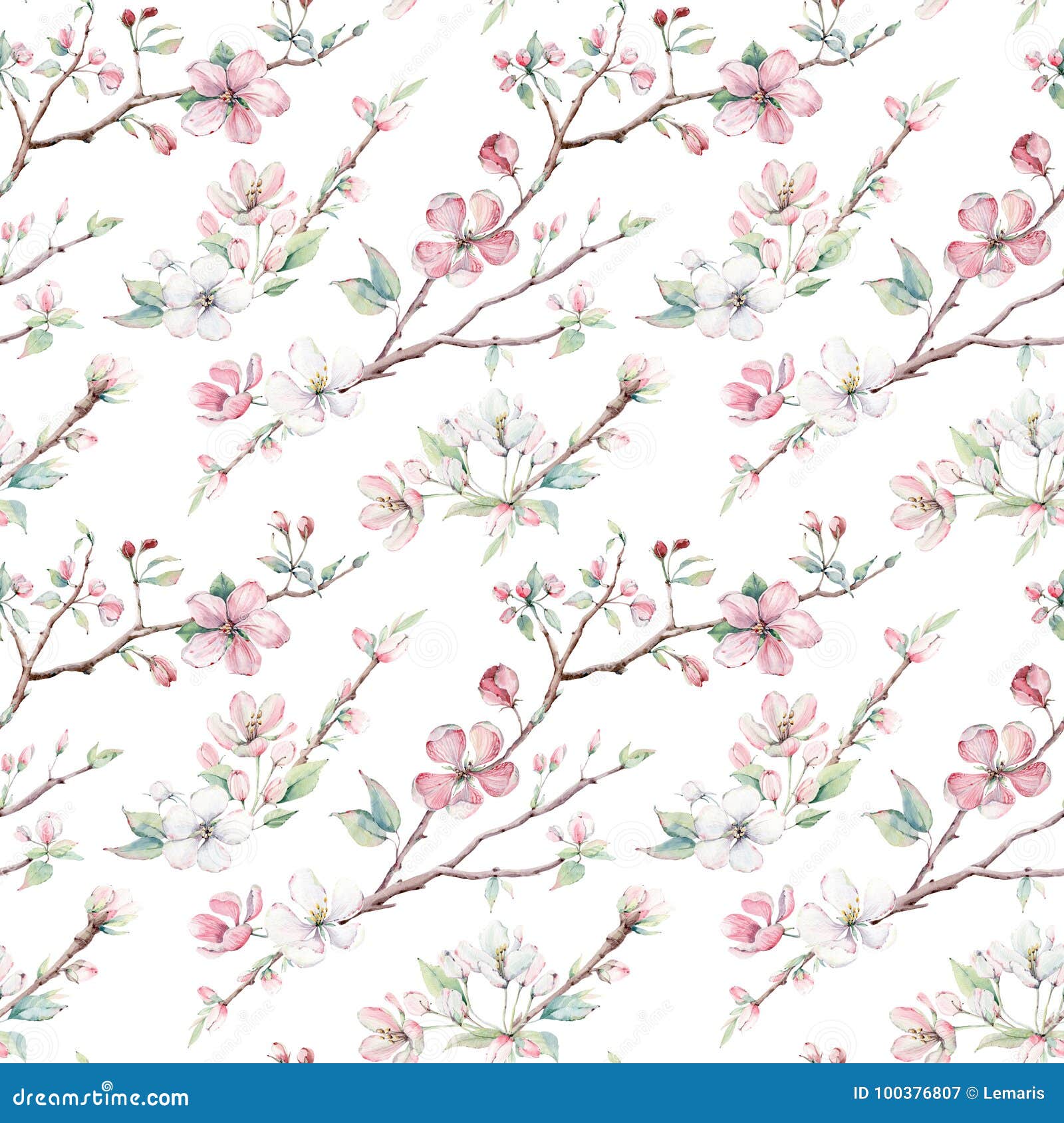 Hand Drawn Apple Tree Branches and Flowers Seamless Pattern Stock ...