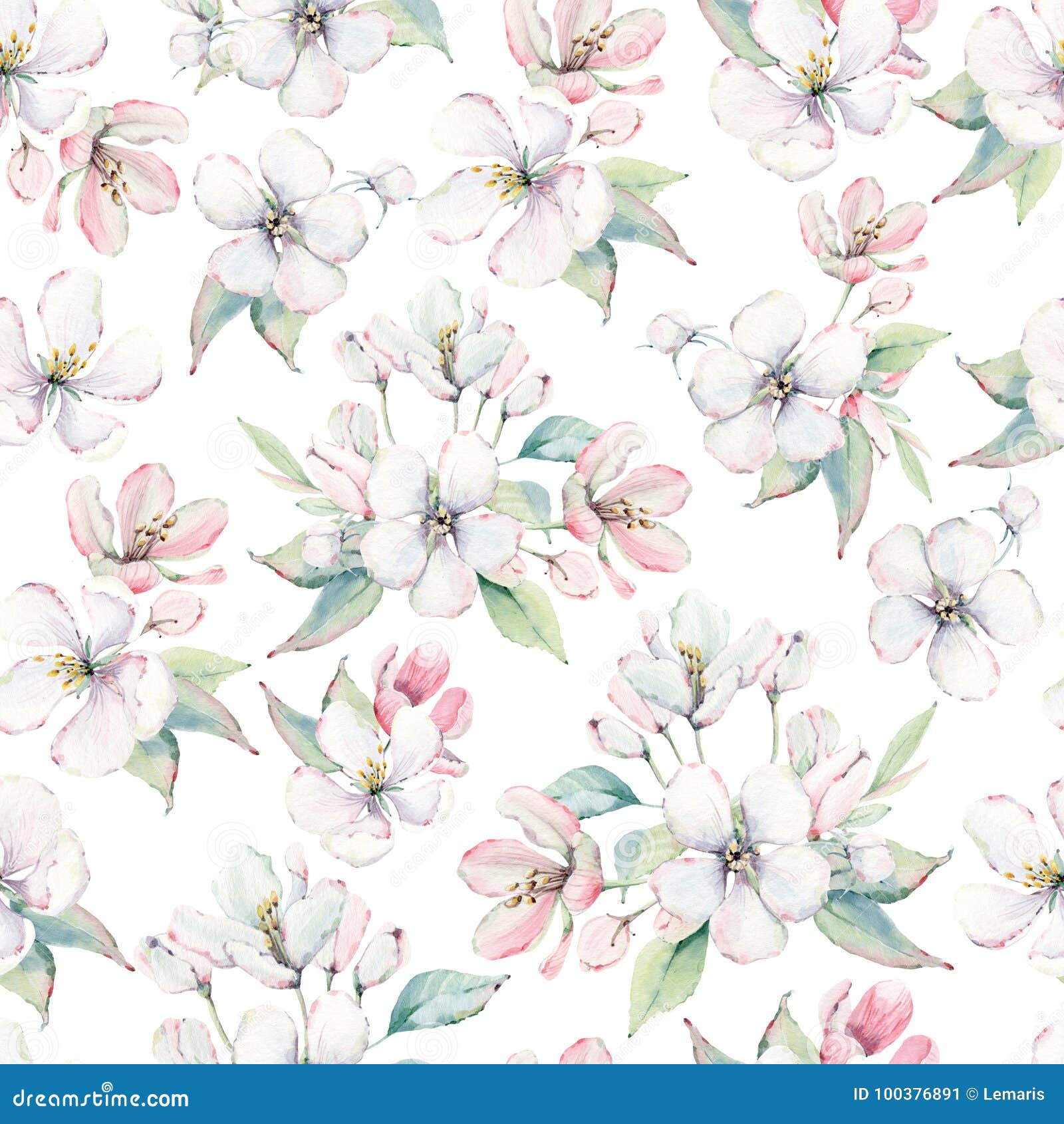 Hand Drawn Apple Tree Branches and Flowers Seamless Pattern Stock ...