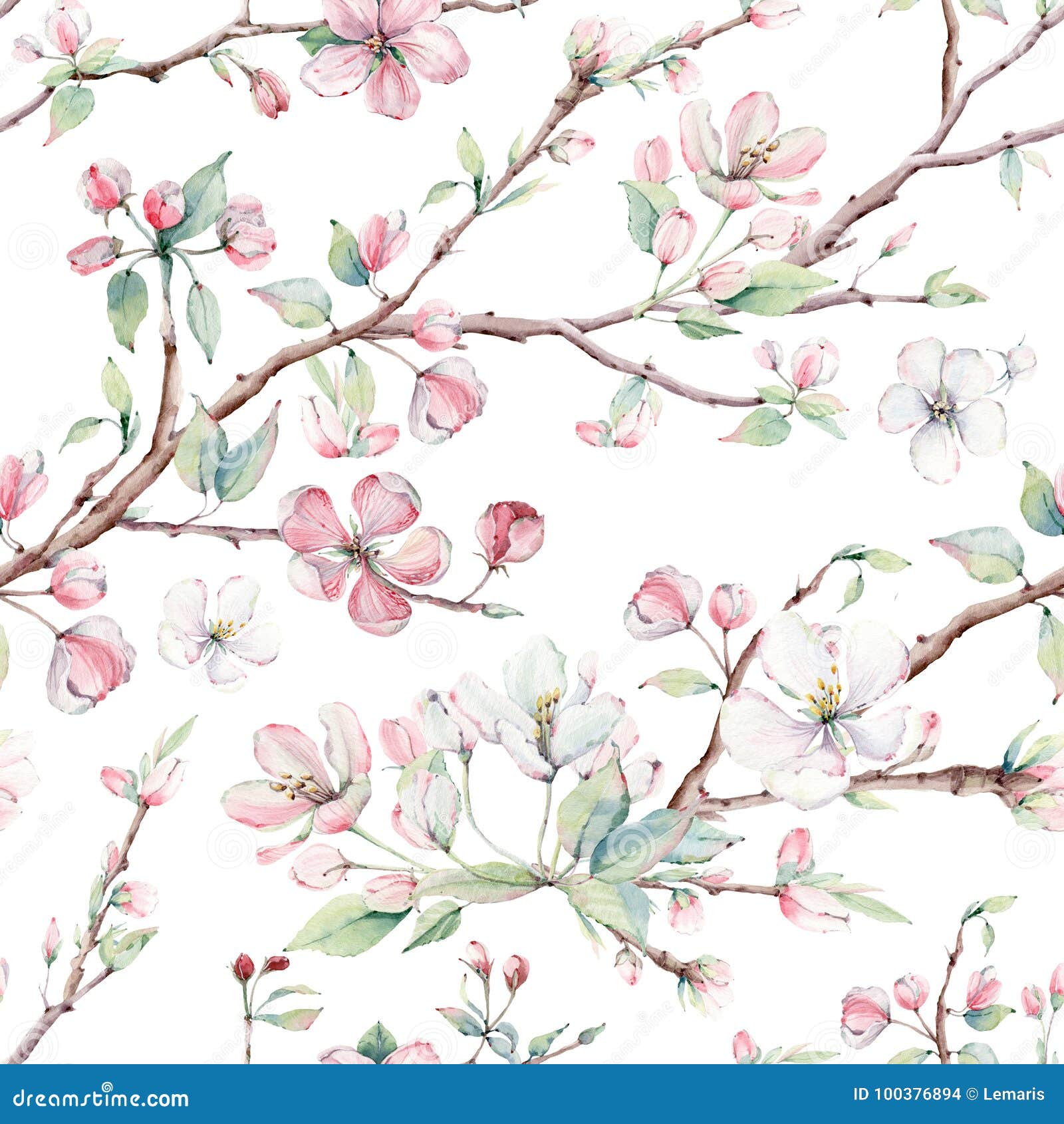 Hand Drawn Apple Tree Branches and Flowers Seamless Pattern Stock ...