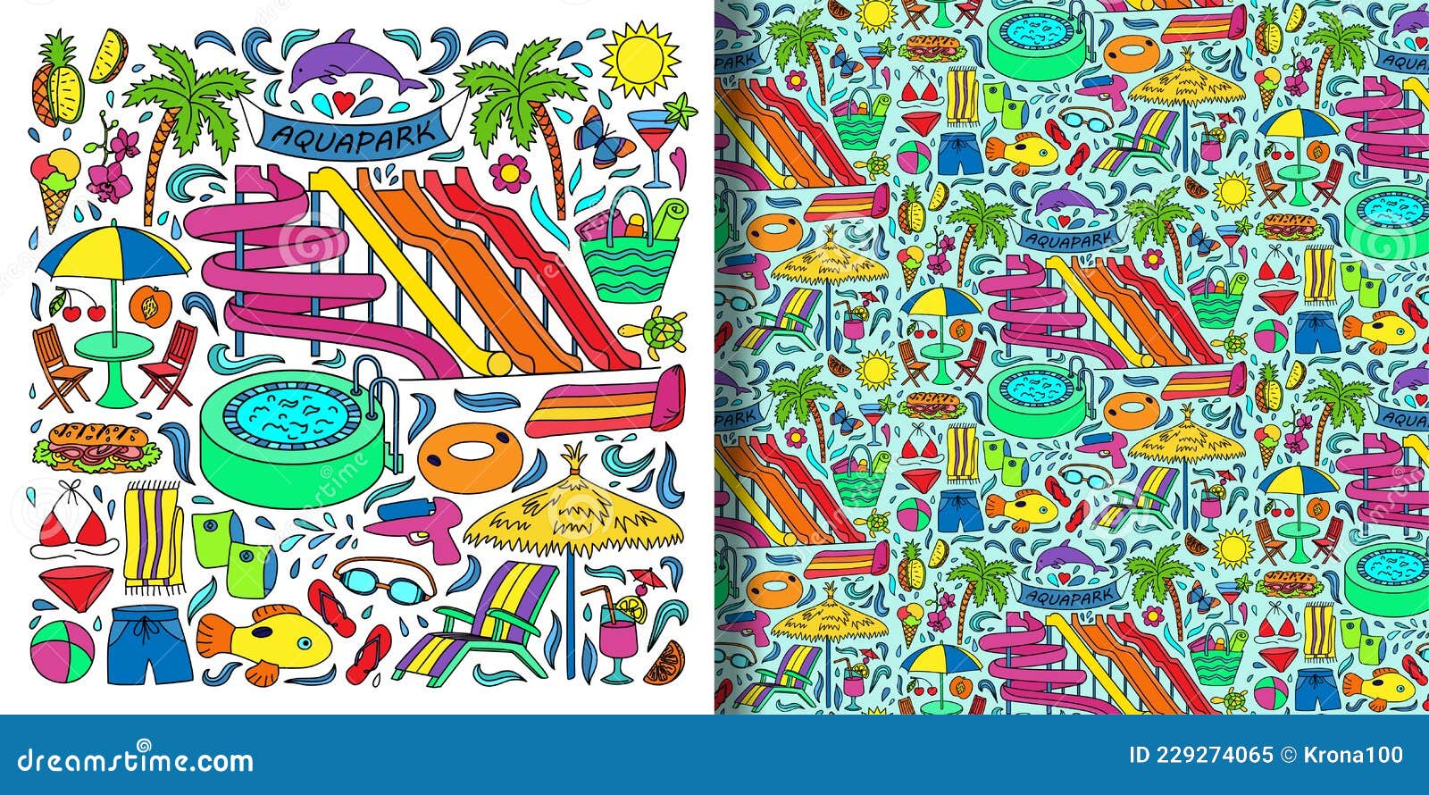 Aquapark Objects Doodle Set and Seamless Pattern Stock Vector ...