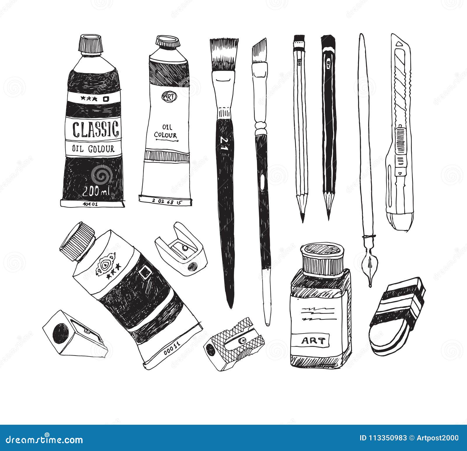 Hand Drawn Art Tools and Supplies Set Stock Vector - Illustration of ...