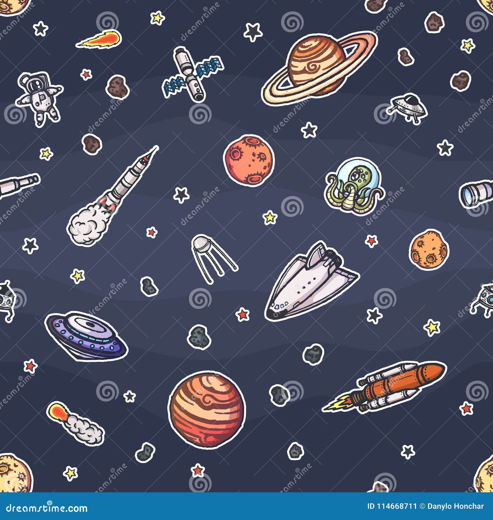 Hand Drawn Astronomy Doodle Seamless Pattern. Stock Vector ...