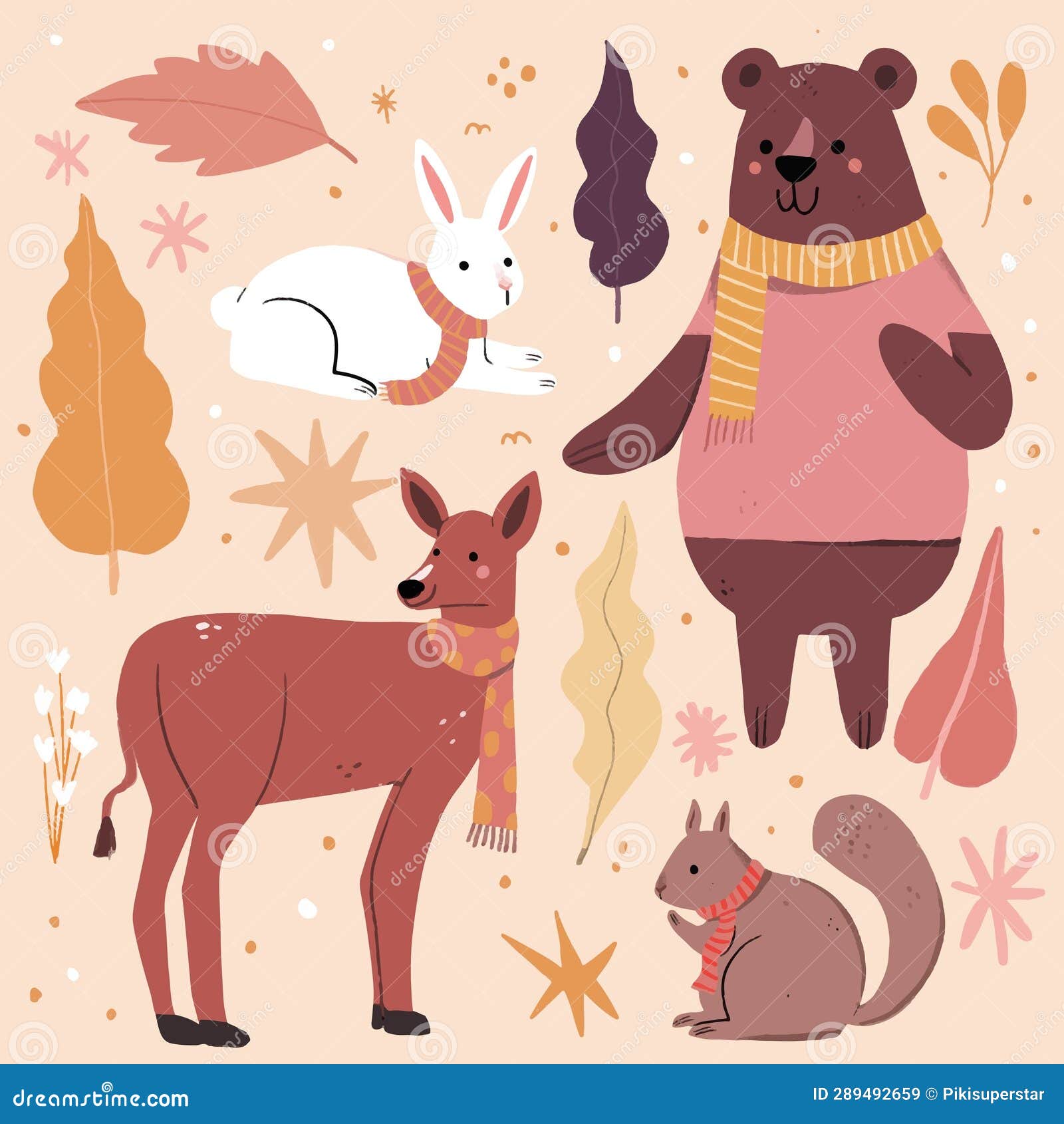 Hand Drawn Autumn Animals Collection Design Illustration Stock Vector ...