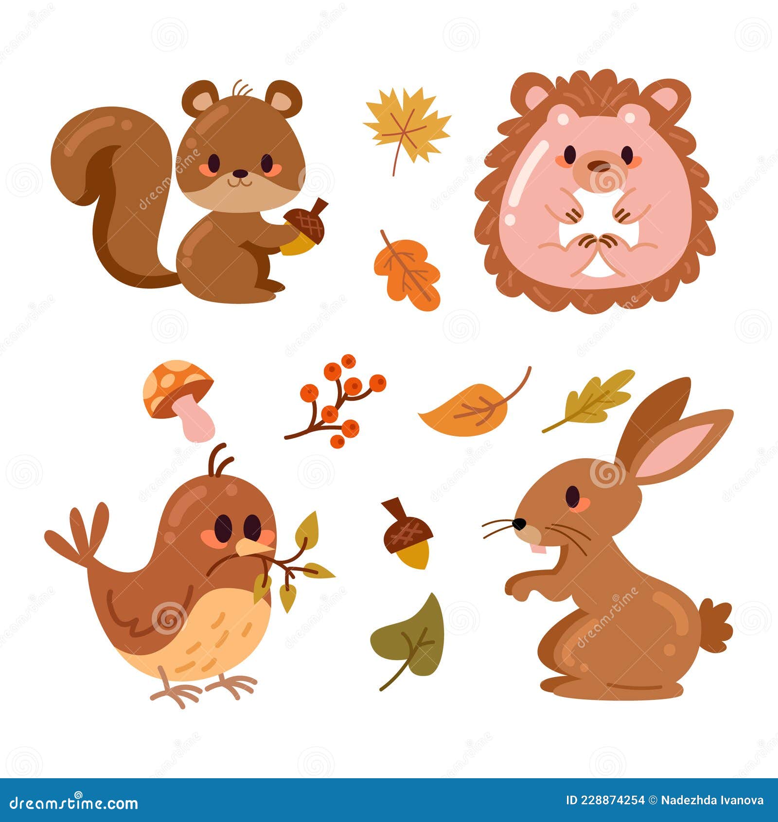 Hand Drawn Autumn Animals Collection Vector Illustration. Stock Vector ...