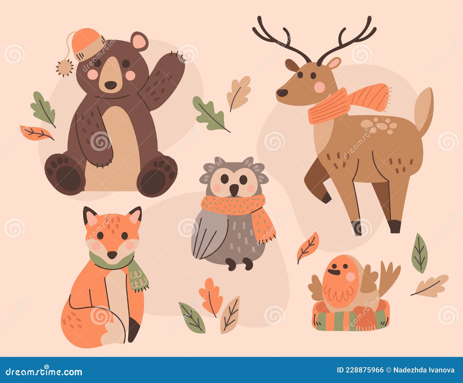 Hand Drawn Autumn Animals Collection Vector Illustration. Stock Vector ...