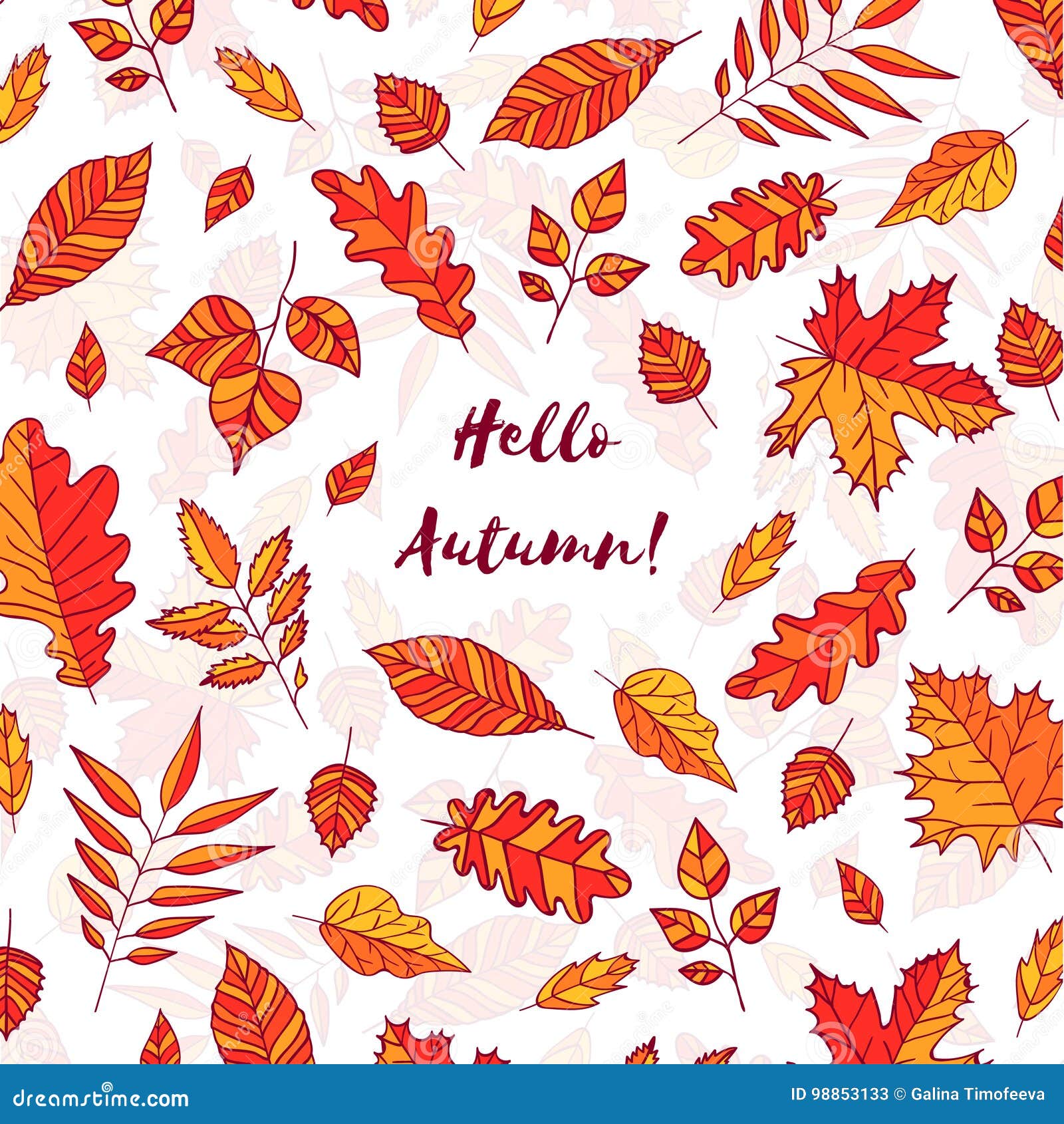 Hand Drawn Autumn Leaves with Text Hello Autumn. Background with Fall ...