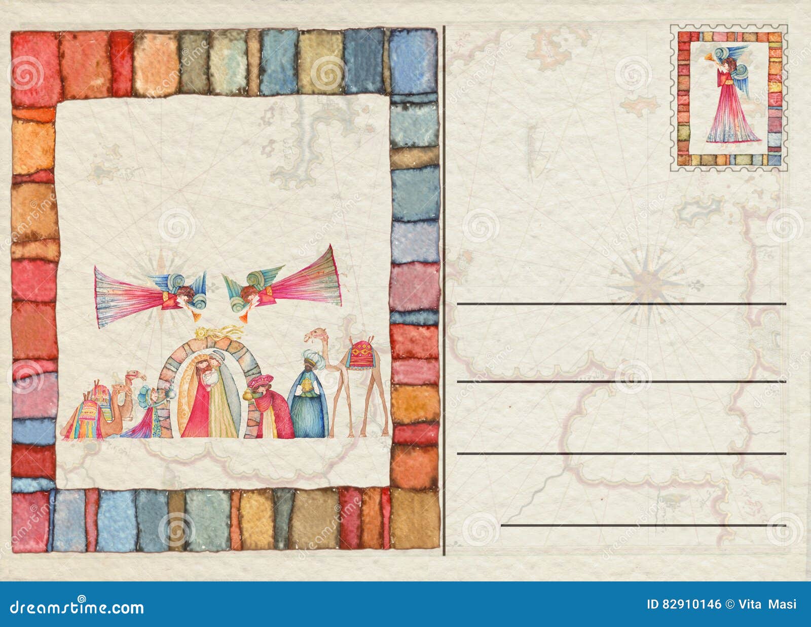 Hand Drawn Back Christmas Postcard Stock Illustration - Illustration of ...