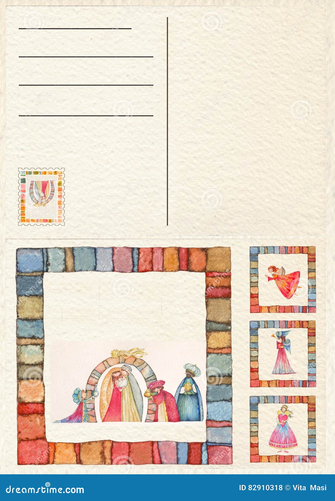 Hand Drawn Back Christmas Postcard Stock Illustration - Illustration of ...