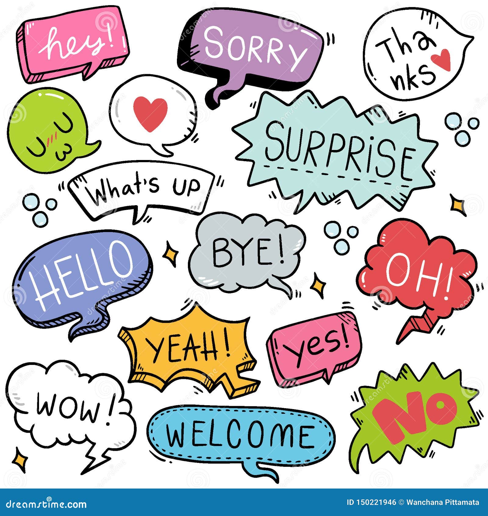 Hand Drawn Background Set Of Cute Speech Bubble Eith Text In Doodle ...