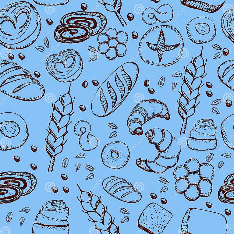 Hand Drawn Bakery on Blue-colored Background. Seamless Pattern ...