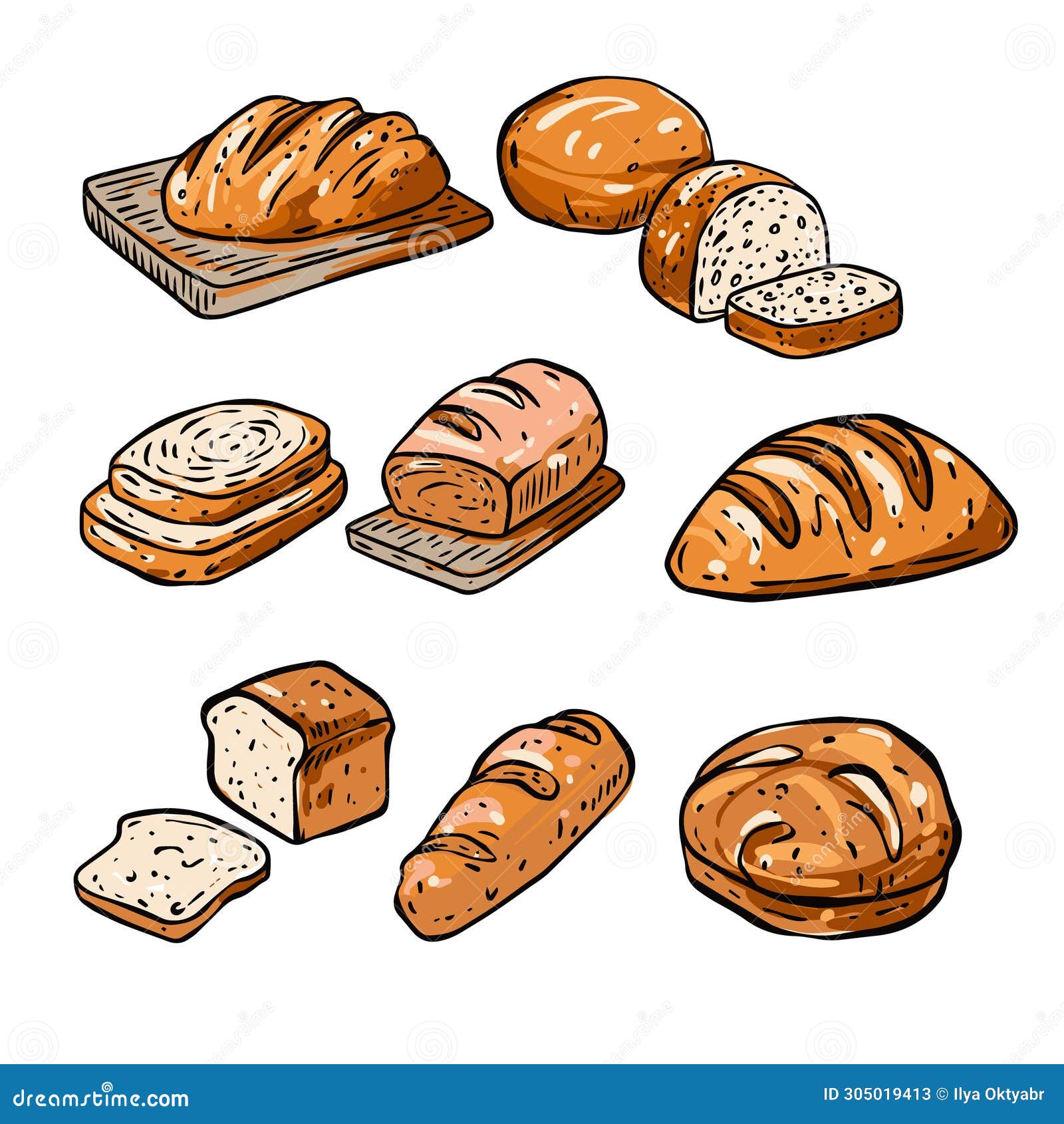 Hand Drawn Bakery Bread Set Doodle Elements. Sketch Art Vector ...