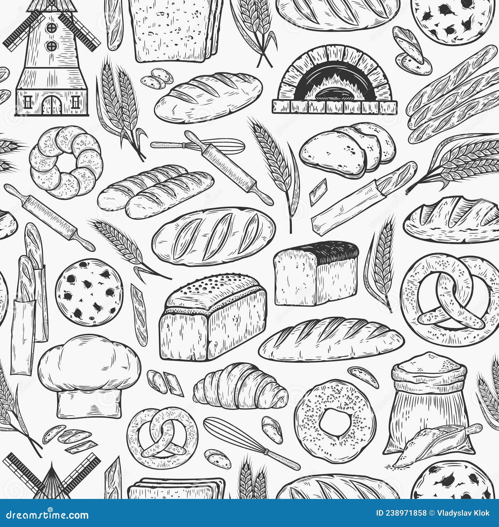 Hand-drawn Bakery Seamless Pattern Stock Vector - Illustration of hand ...