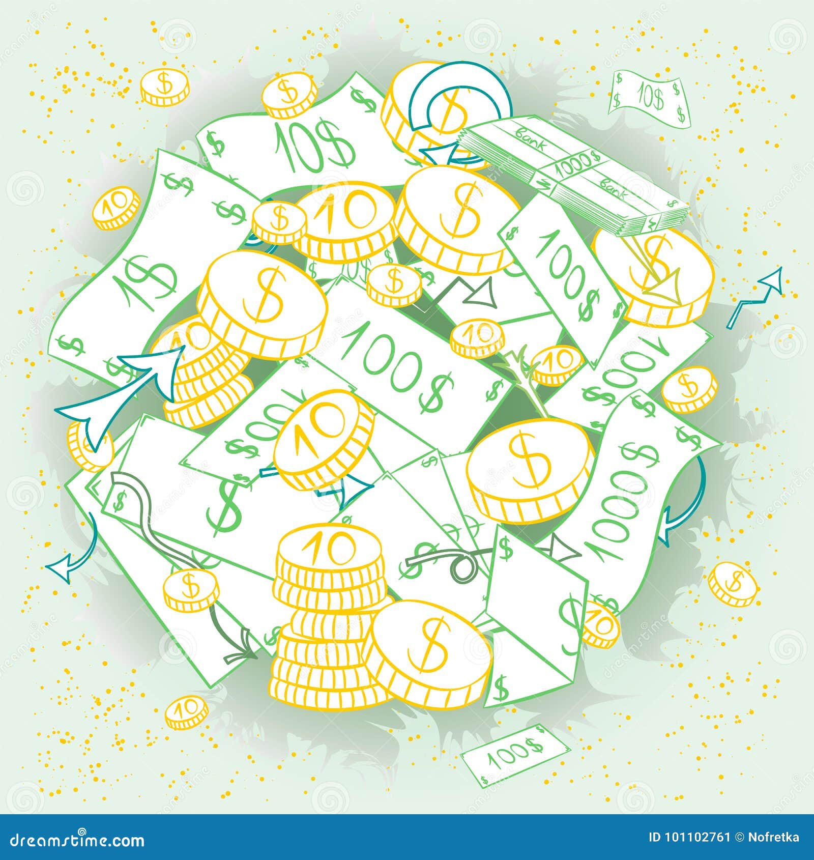 Hand Drawn Banknotes and Coins. Doodle Drawings of Cash Arranged in a ...