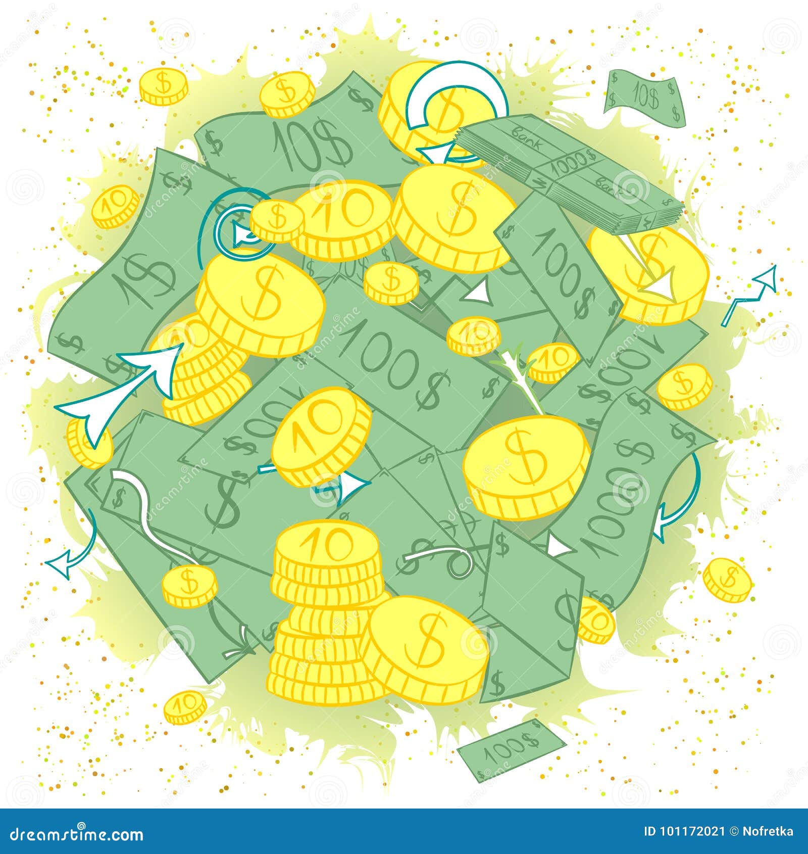 Hand Drawn Banknotes and Coins. Doodle Drawings of Cash Arranged in a ...