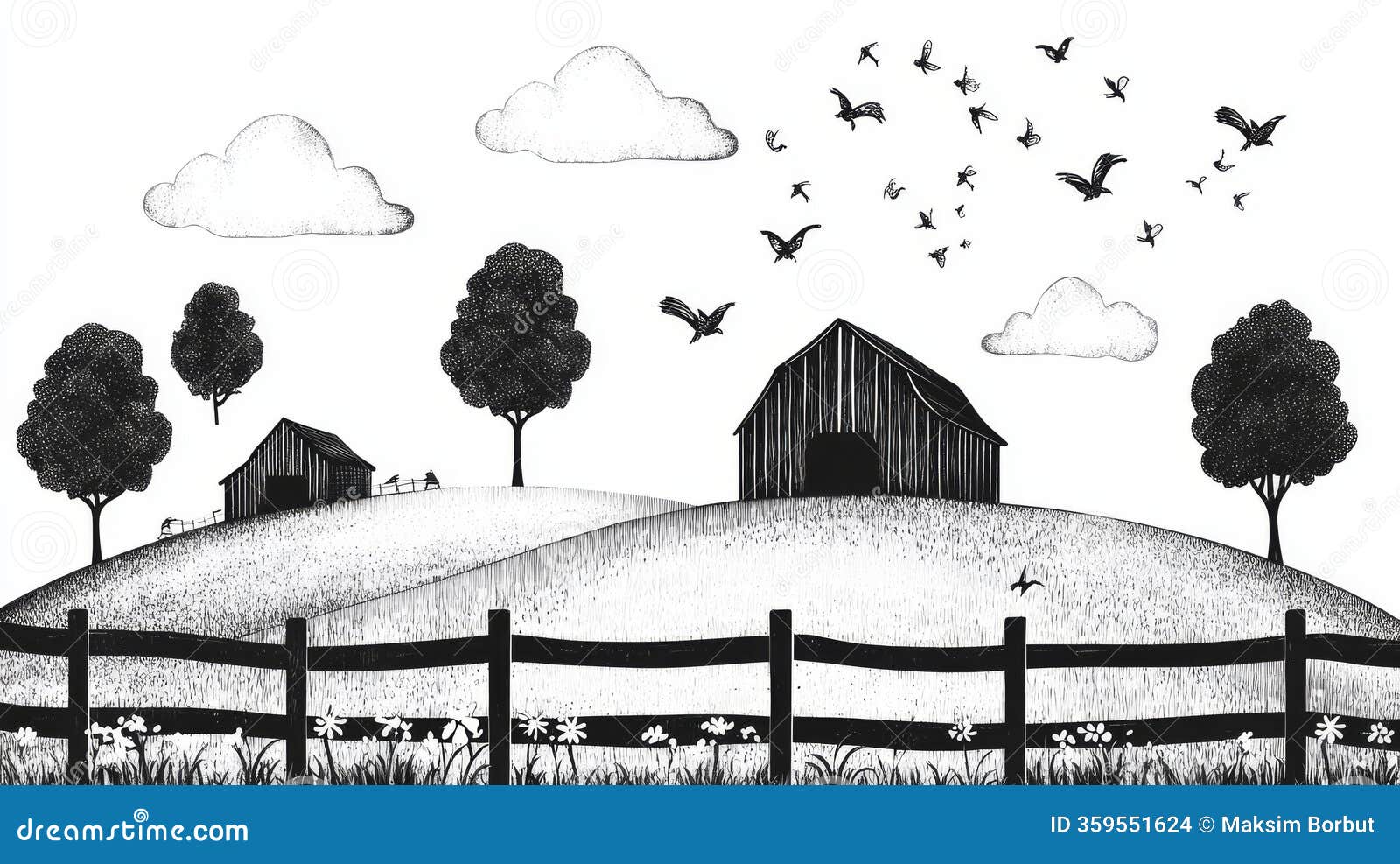 Hand Drawn Barnhouse Farm Landscape Illustration Stock Photo - Image of ...