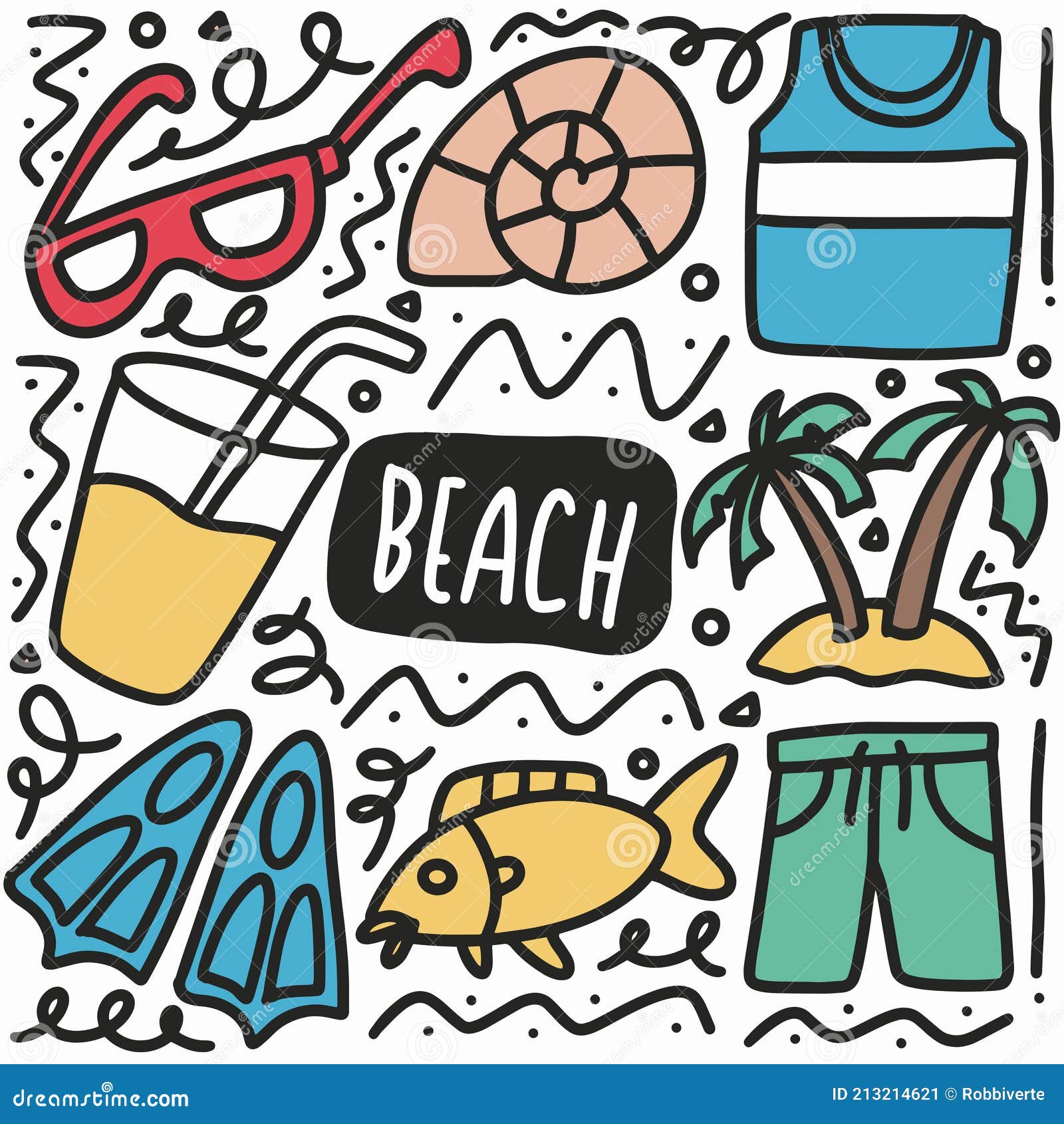 Hand Drawn Beach Doodle Set Cartoon Vector | CartoonDealer.com #213214621
