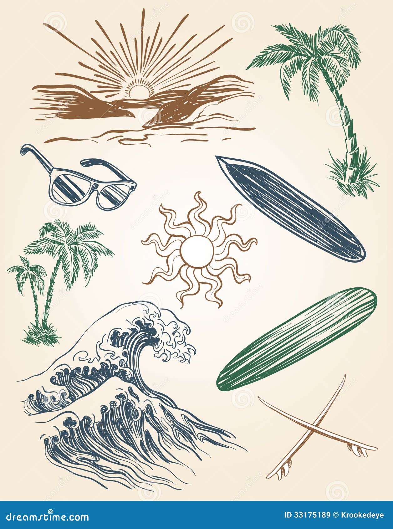 Hand Drawn Beach and Surf Illustration Set Stock Vector - Illustration ...