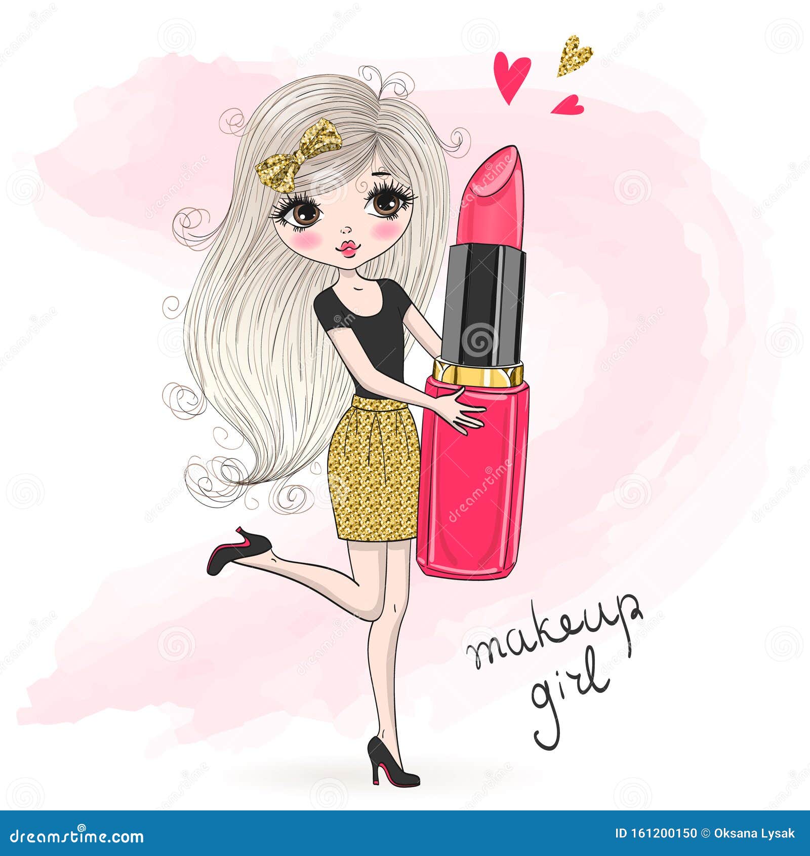 Hand Drawn Beautiful Cute Girl With Big Lipstick In Her Hand Doing