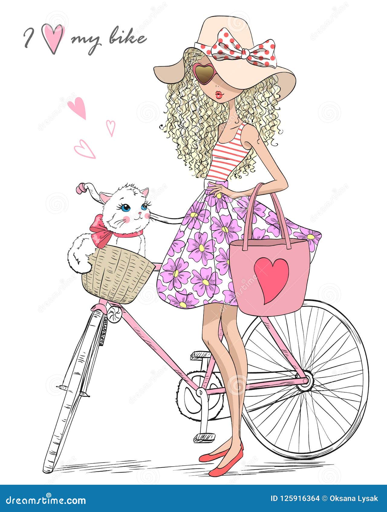 Hand Drawn Beautiful Cute Girl Stands Near Bicycle With A Basket Full