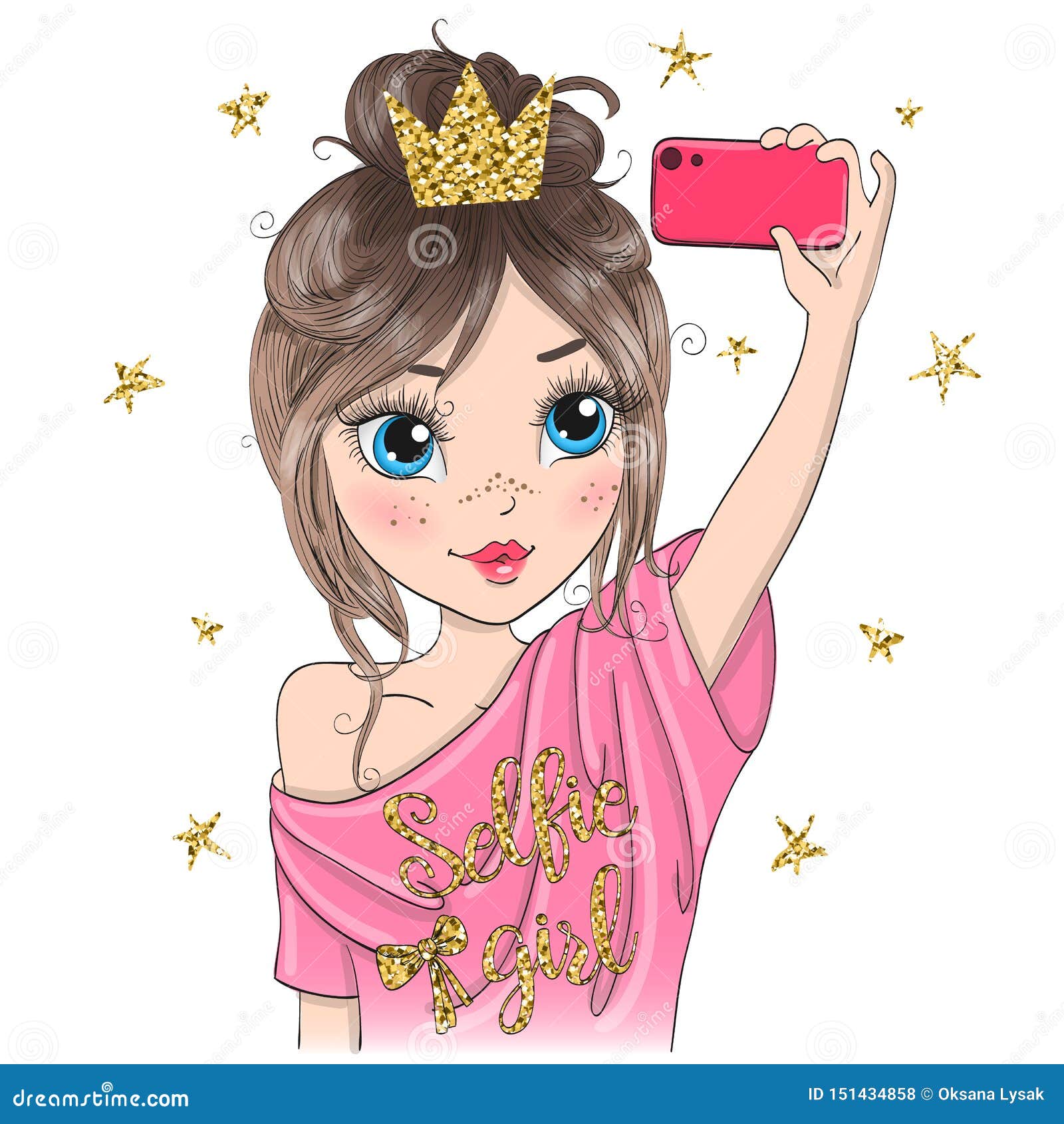 Hand Drawn Beautiful Cute Selfie Girl With Smart Phone Stock Vector
