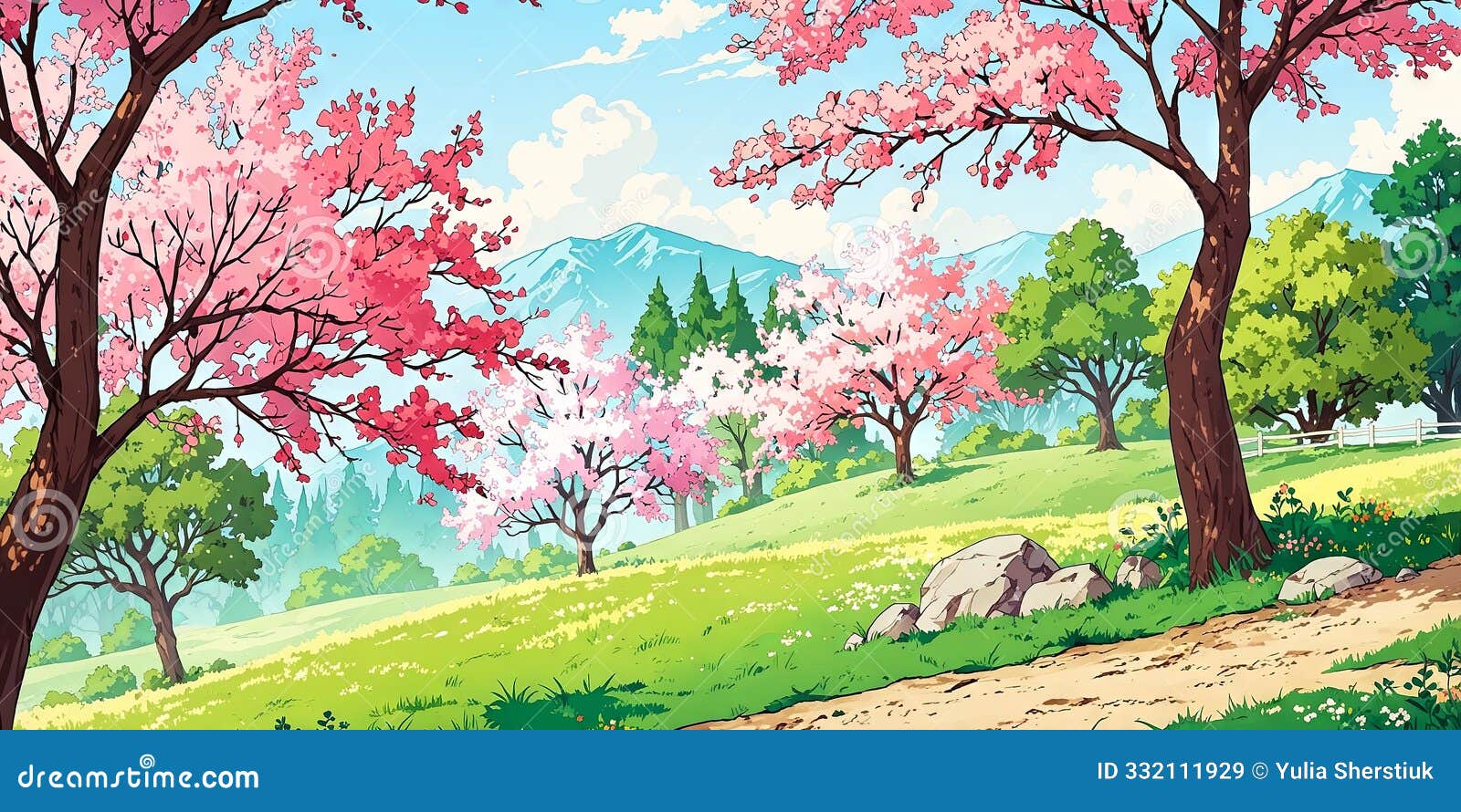 Hand Drawn Beautiful Spring Landscape Illustration. Anime Style Stock ...