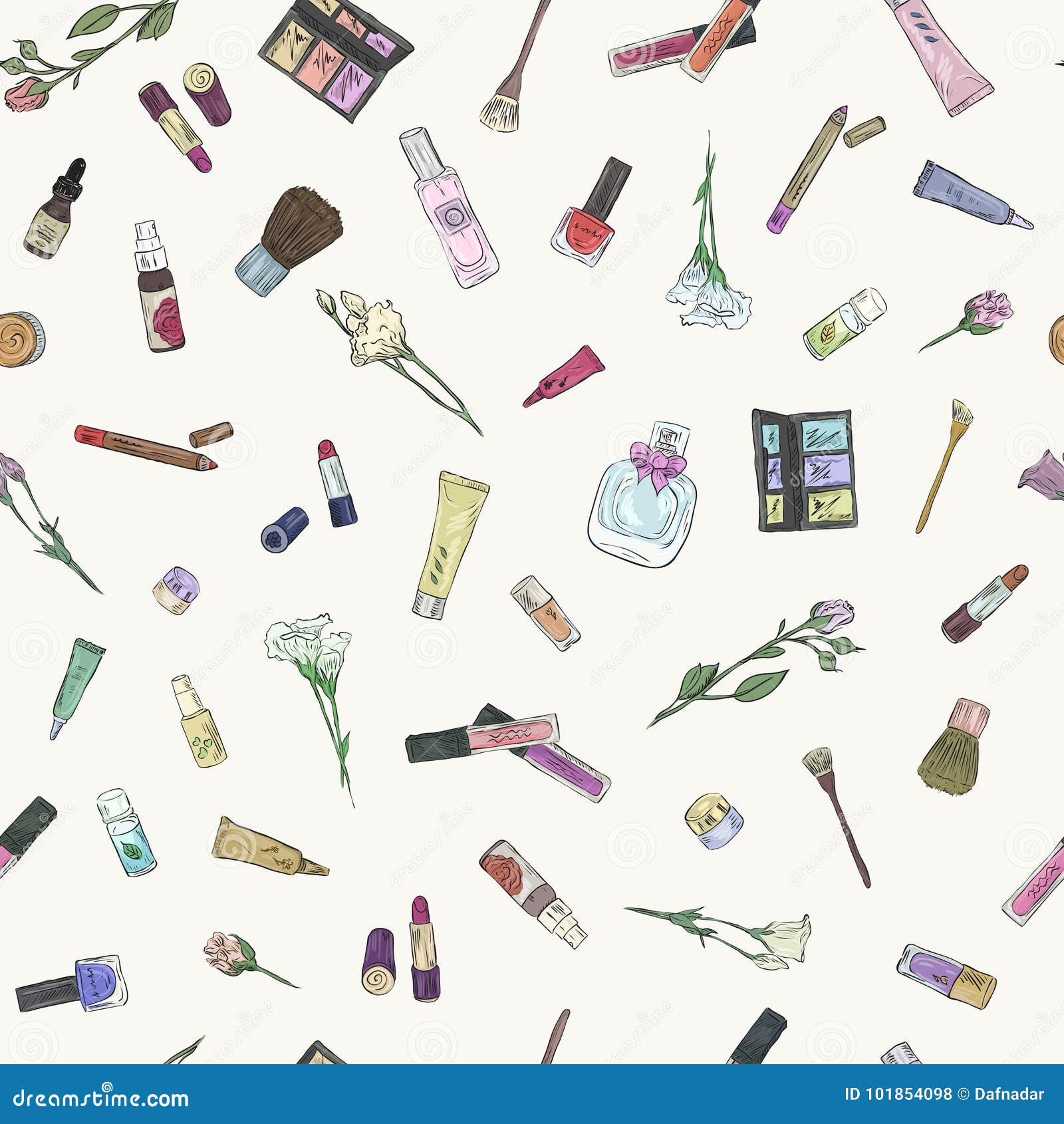 Hand Drawn Beauty and Cosmetics Items Set. Seamless Pattern Background ...