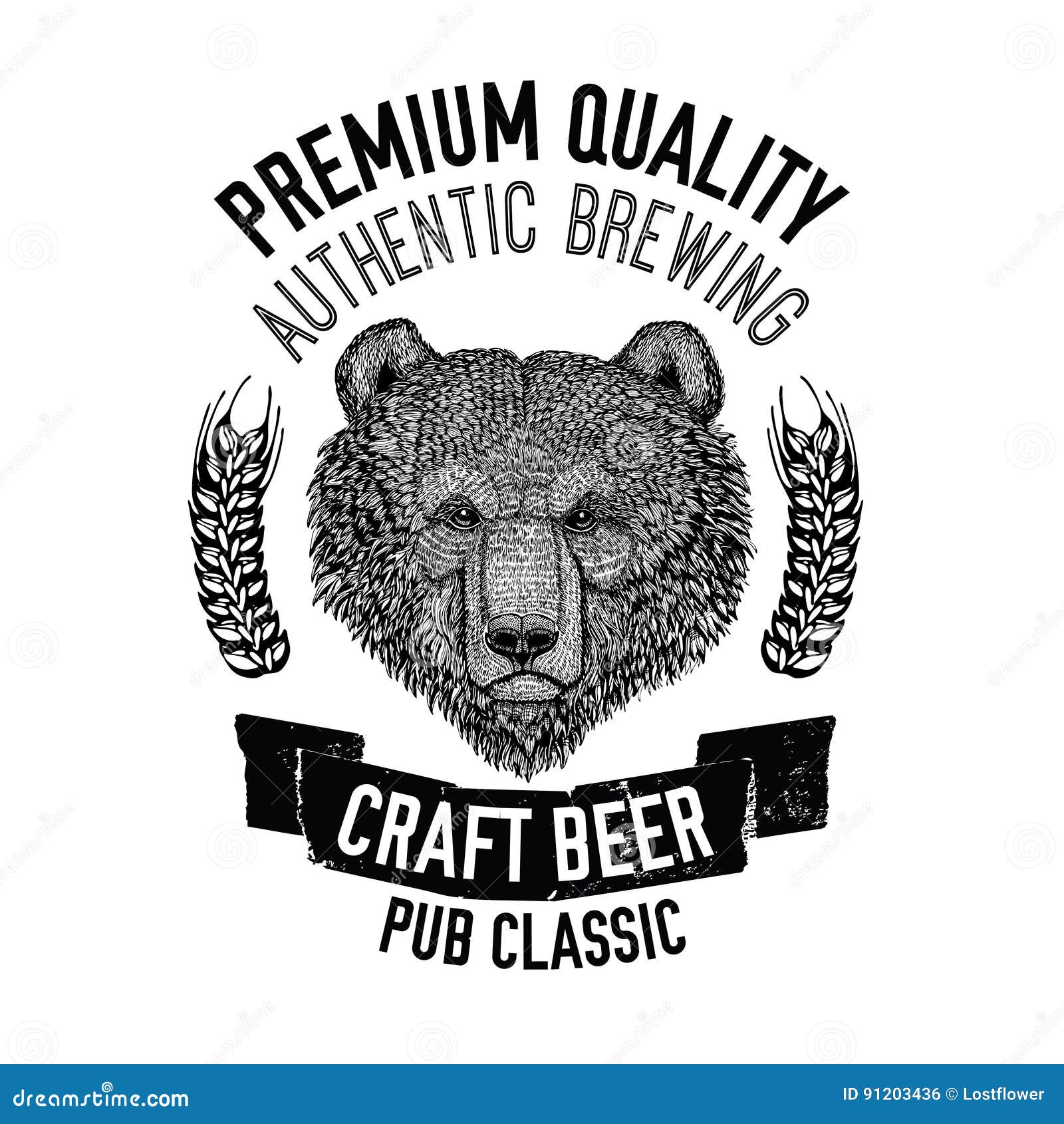 Hand Drawn Beer Emblem with Brown Bear for Logotype, Badge, Menu Cover ...