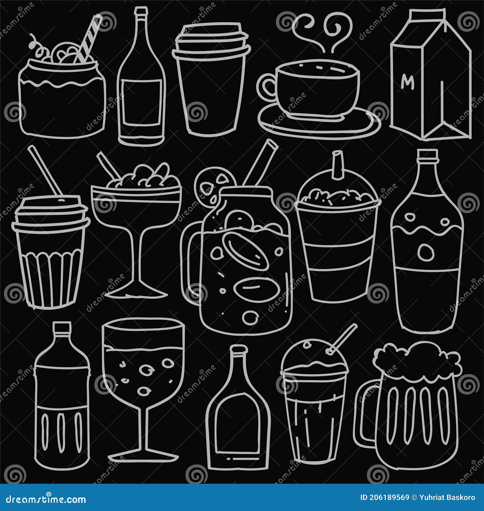 Hand Drawn of Beverages in Doodle Style Isolated on Black Background ...