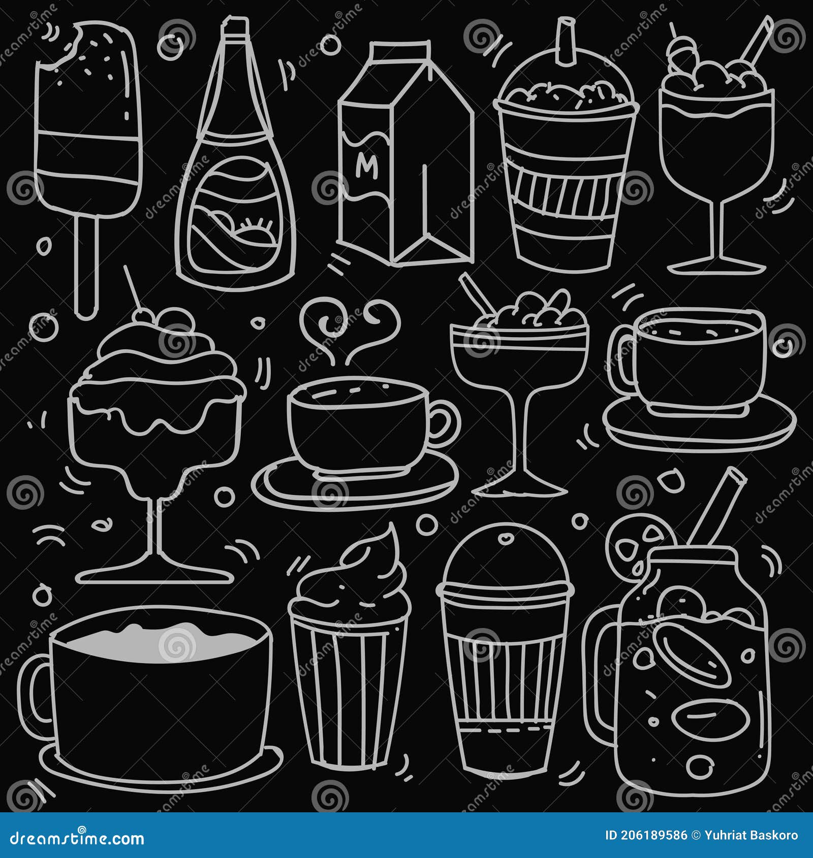 Hand Drawn of Beverages in Doodle Style Isolated on Black Background ...