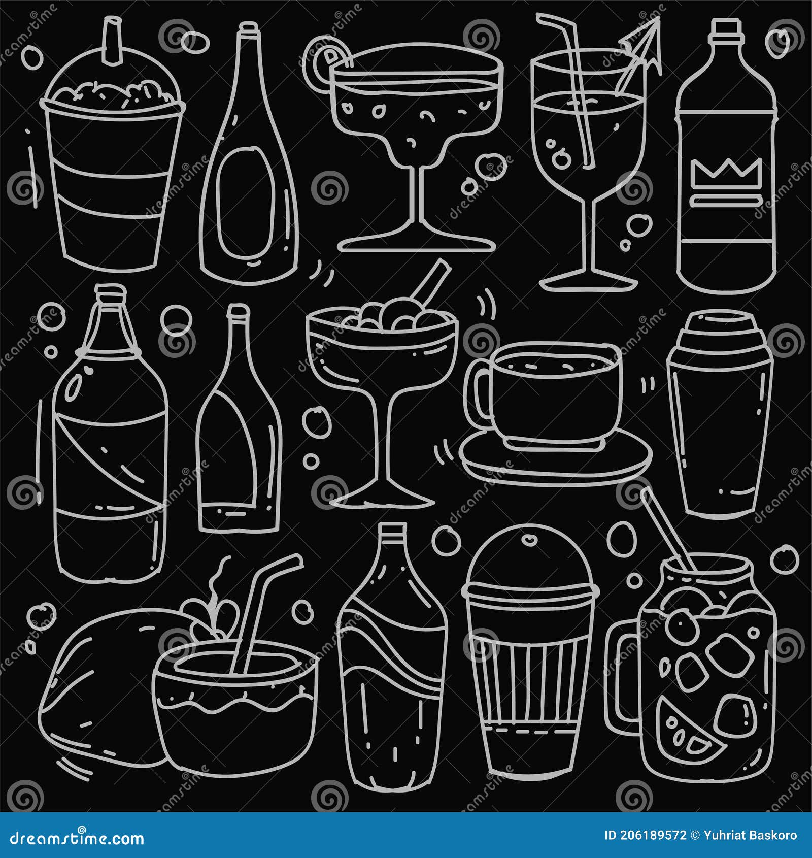 Hand Drawn of Beverages in Doodle Style Isolated on Black Background ...