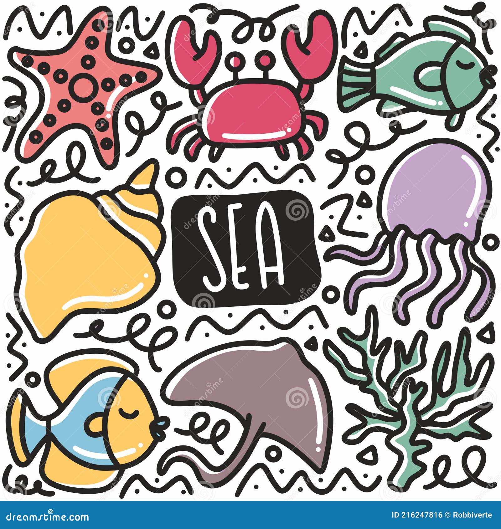 Hand Drawn Biota Sea Doodle Set Stock Vector - Illustration of concept ...